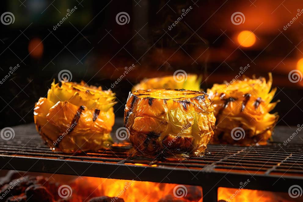 Pineapple Chunks on a Grill with Flames in the Background Stock Photo ...