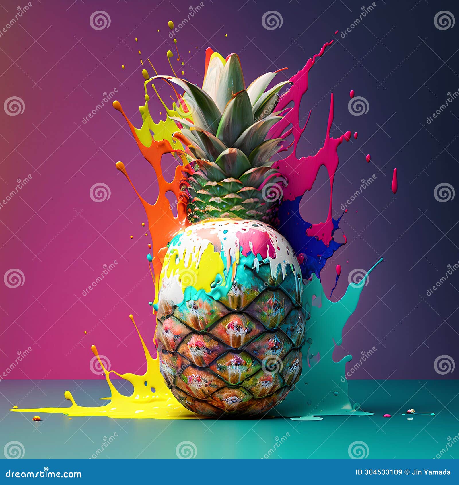 Pineapple with Colorful Paint Splashes. 3d Illustration Stock ...