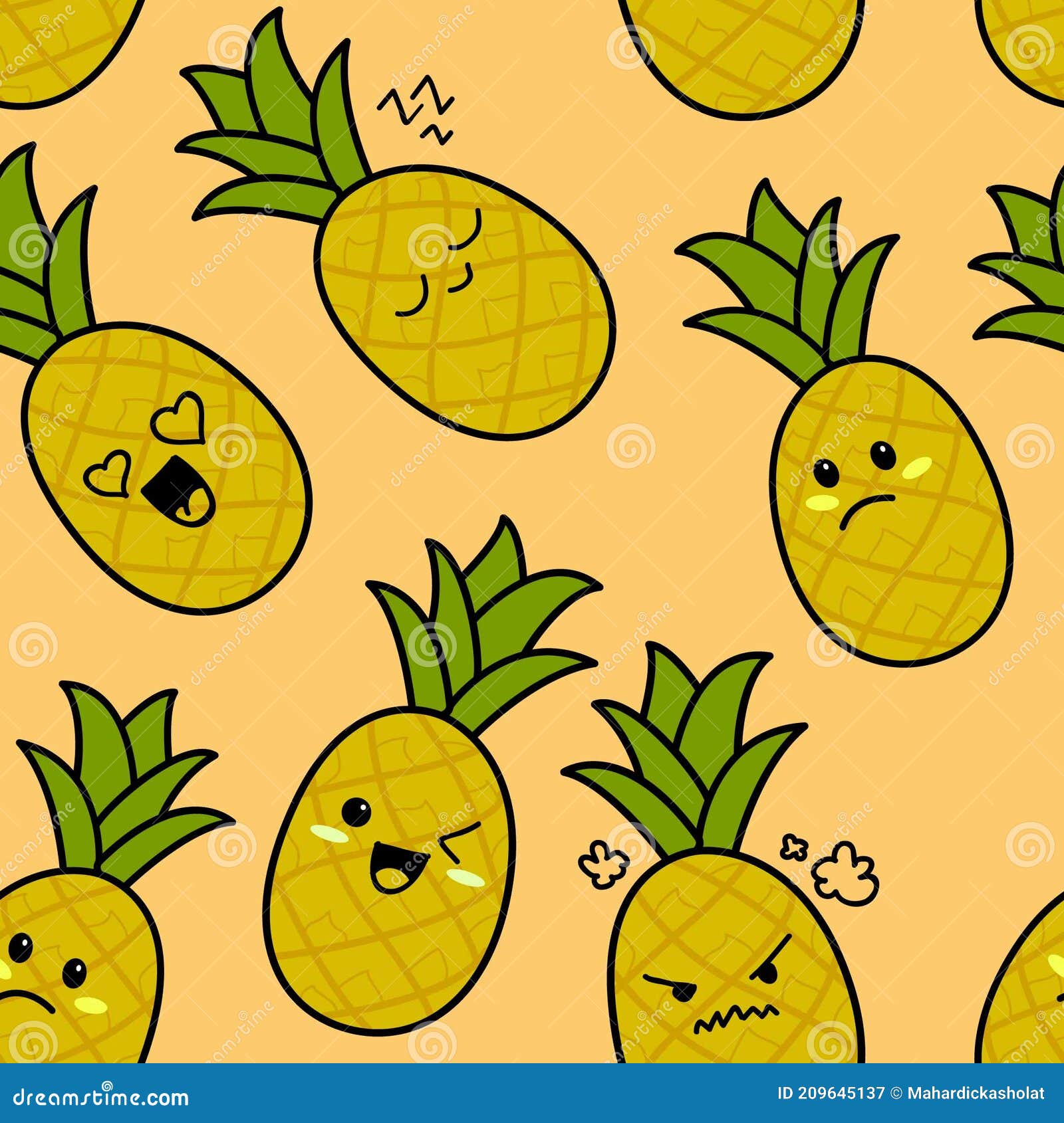 Pineapple Doodle Seamless Pattern. Cute Face Stock Vector ...