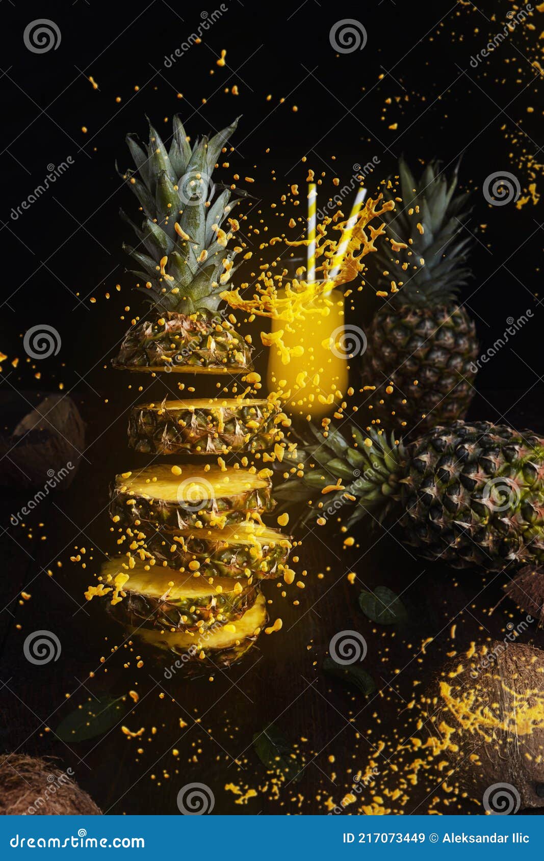 Pineapple Flying in Air Cut in Slices with Juice Splash Stock Image ...