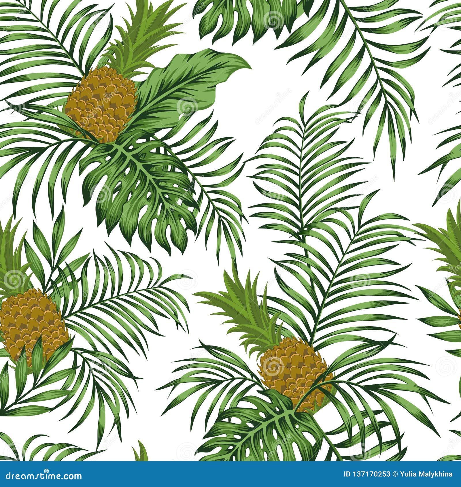 Pineapple Green Leaves White Background Seamless Stock Vector ...