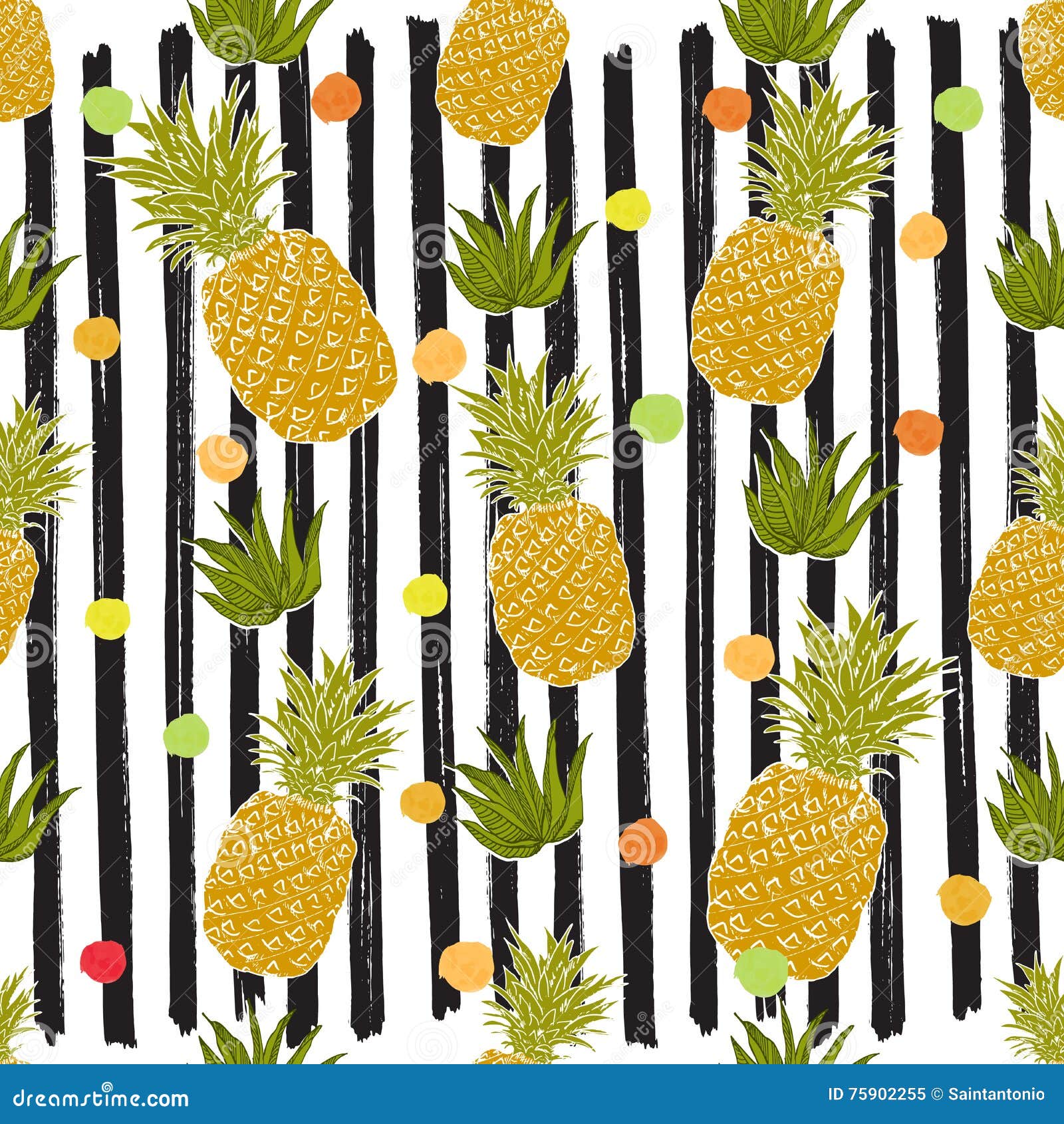 Pineapple Hand Drawn Sketch Striped Seamless Pattern. Vector ...