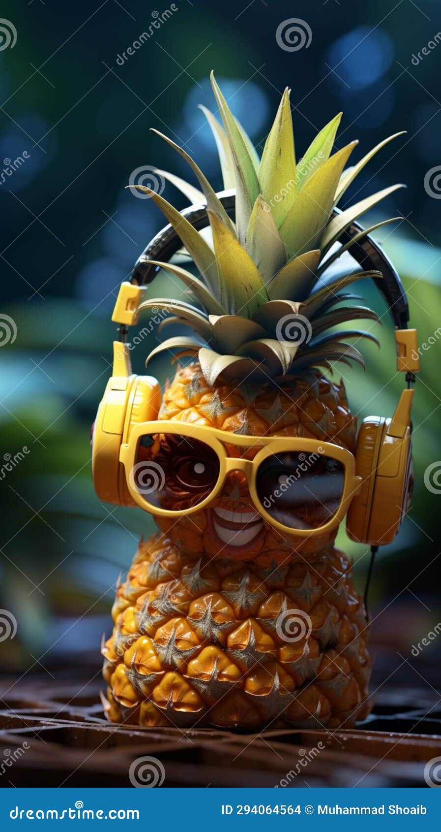 Pineapple with Headphones, a Comical Touch Against a Tropical Leafy ...