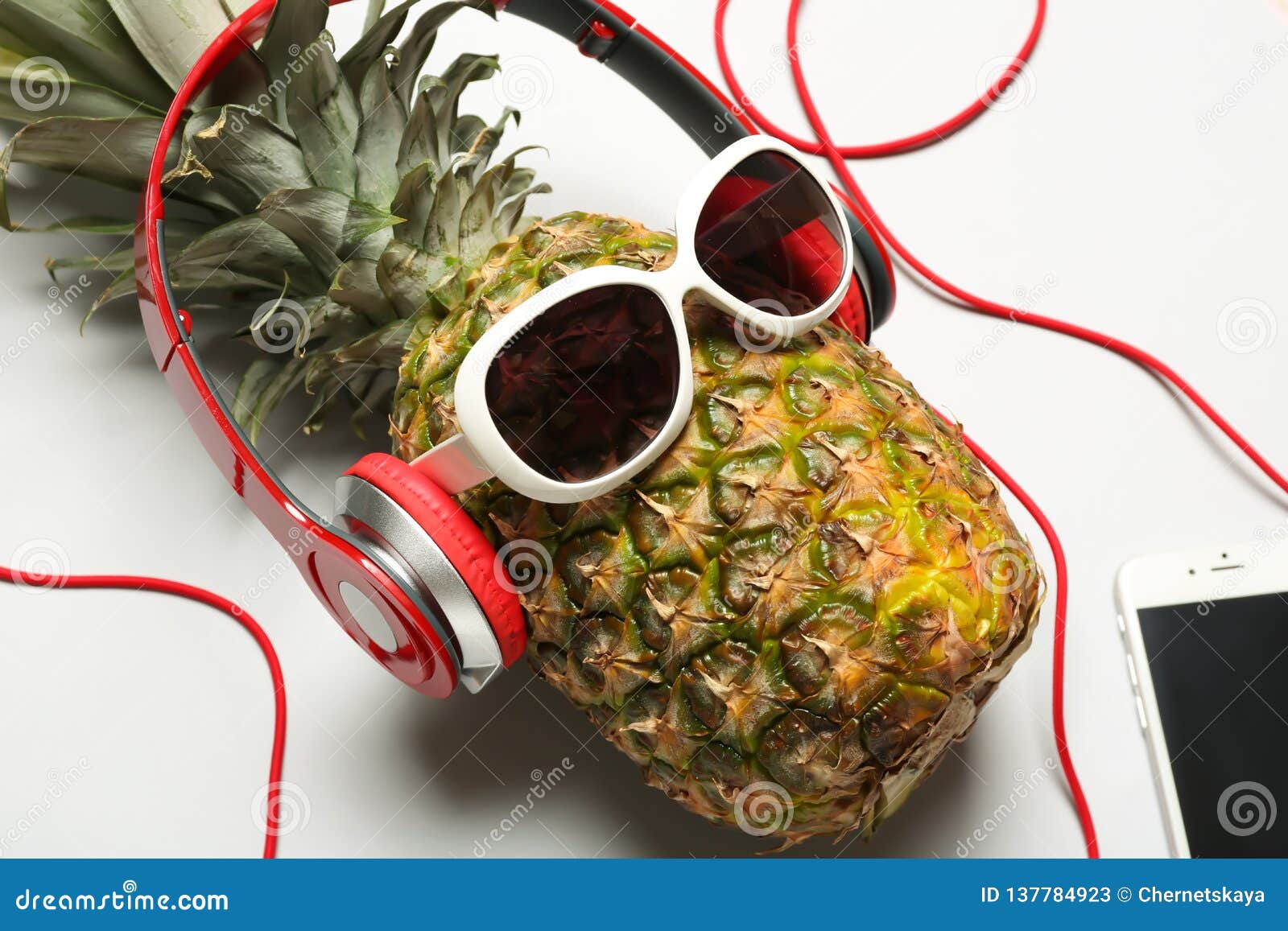 Pineapple with Headphones and Sunglasses on White Stock Image - Image ...