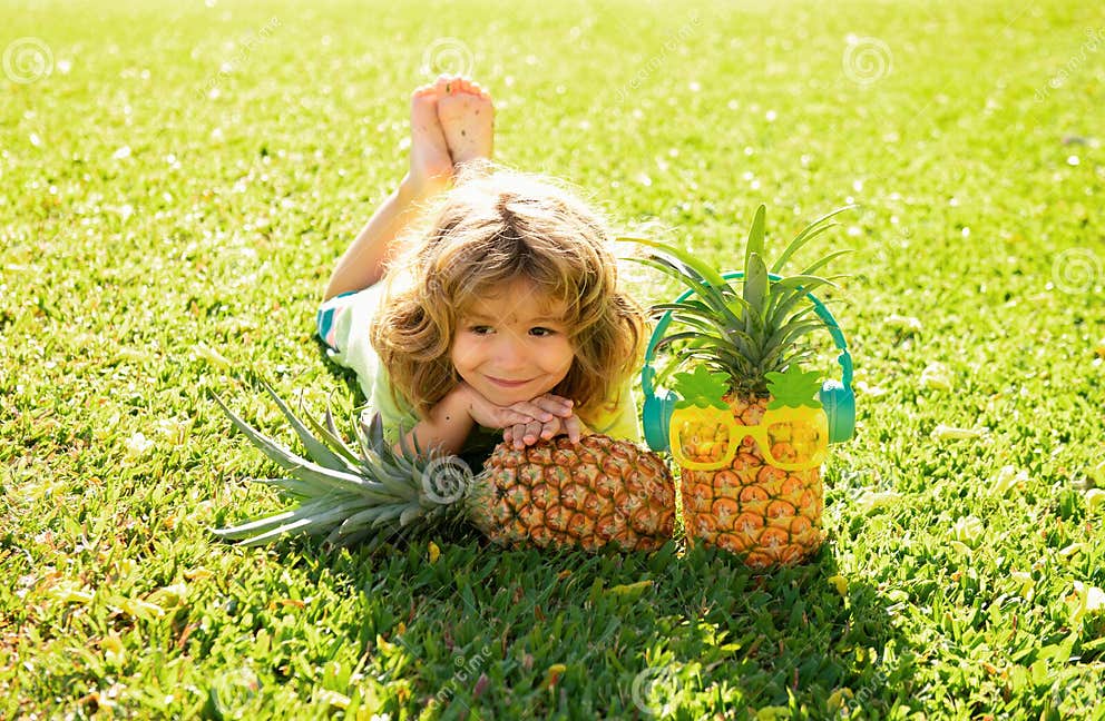 Pineapple Kid Boy and Pineapples on Summer Vacation. Stock Image - Image of vitamin, face: 313303753