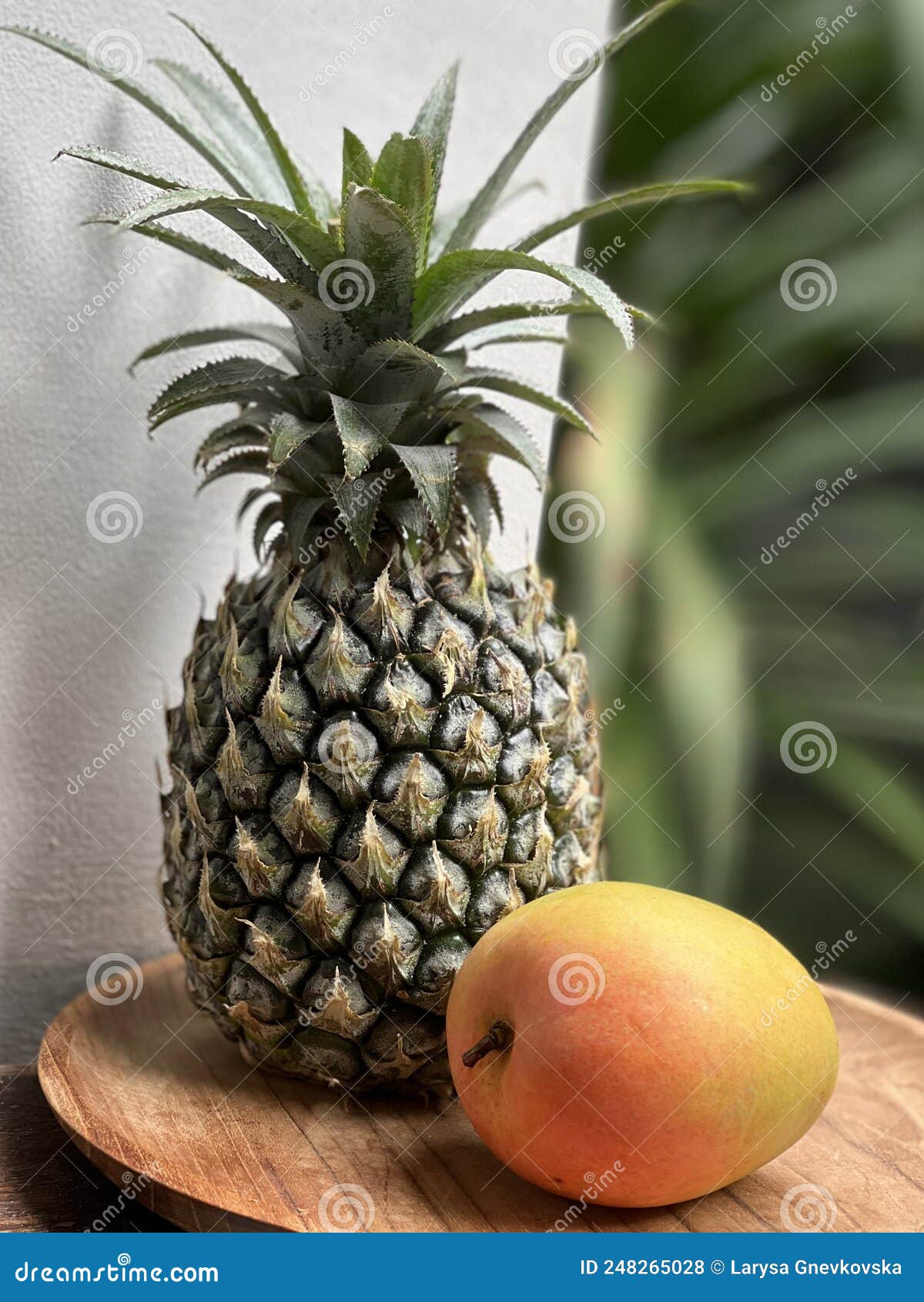 Pineapple and Mango on the Wood Plate in Tropical Stock Photo - Image ...