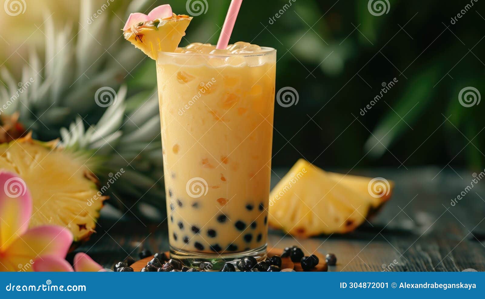 Pineapple Milkshake with Sweet Tapioca Balls, Asian Bubble Tea Drink ...