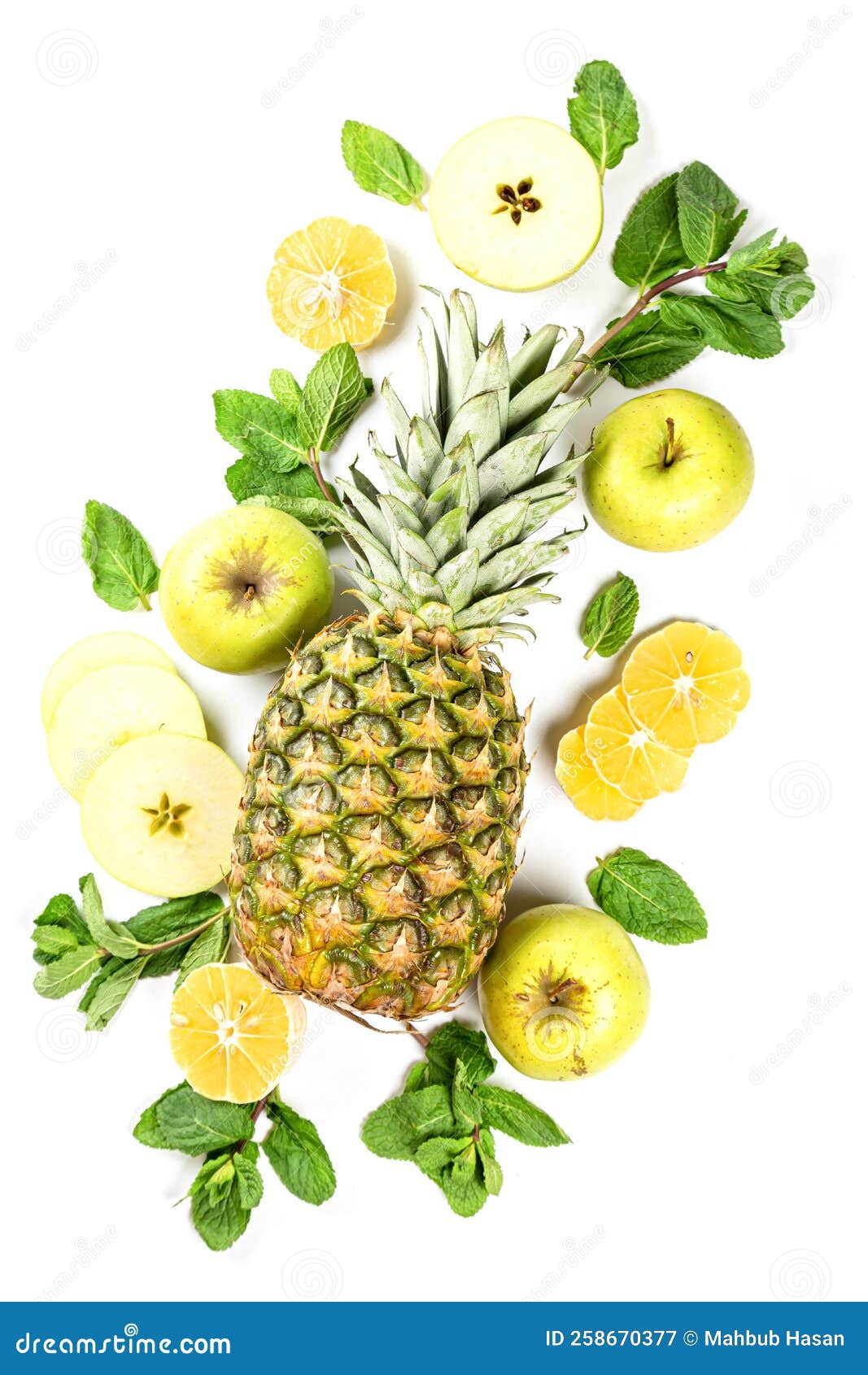 Pineapple with Mint Leaves, Sliced Apples and Lemon, Top View Stock ...