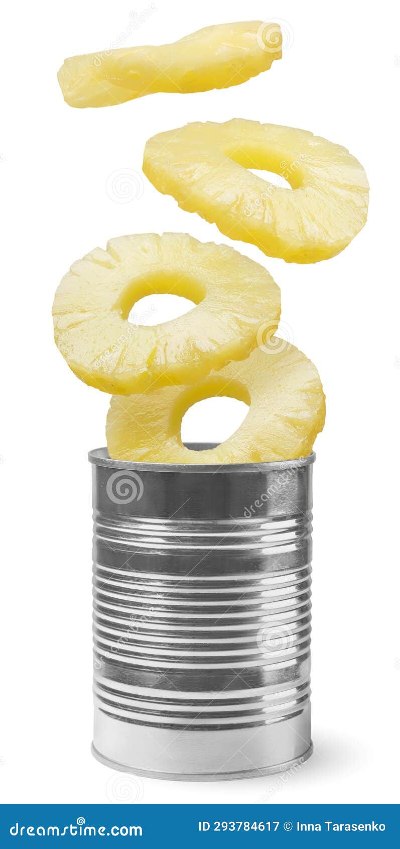 Pineapple Rings Fly Out of a Tin Can Close-up on a White. Isolated ...