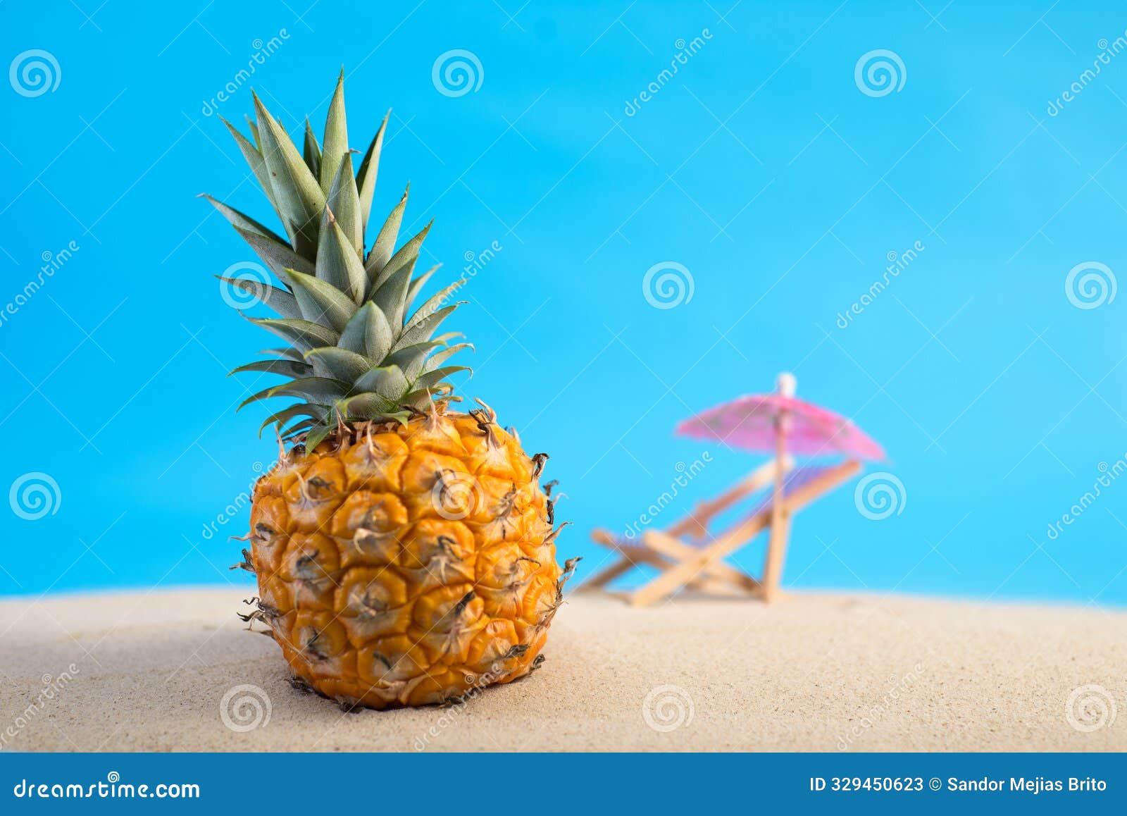 Pineapple on Sea Sand with Blue Background. Stock Image - Image of sand, colorful: 329450623