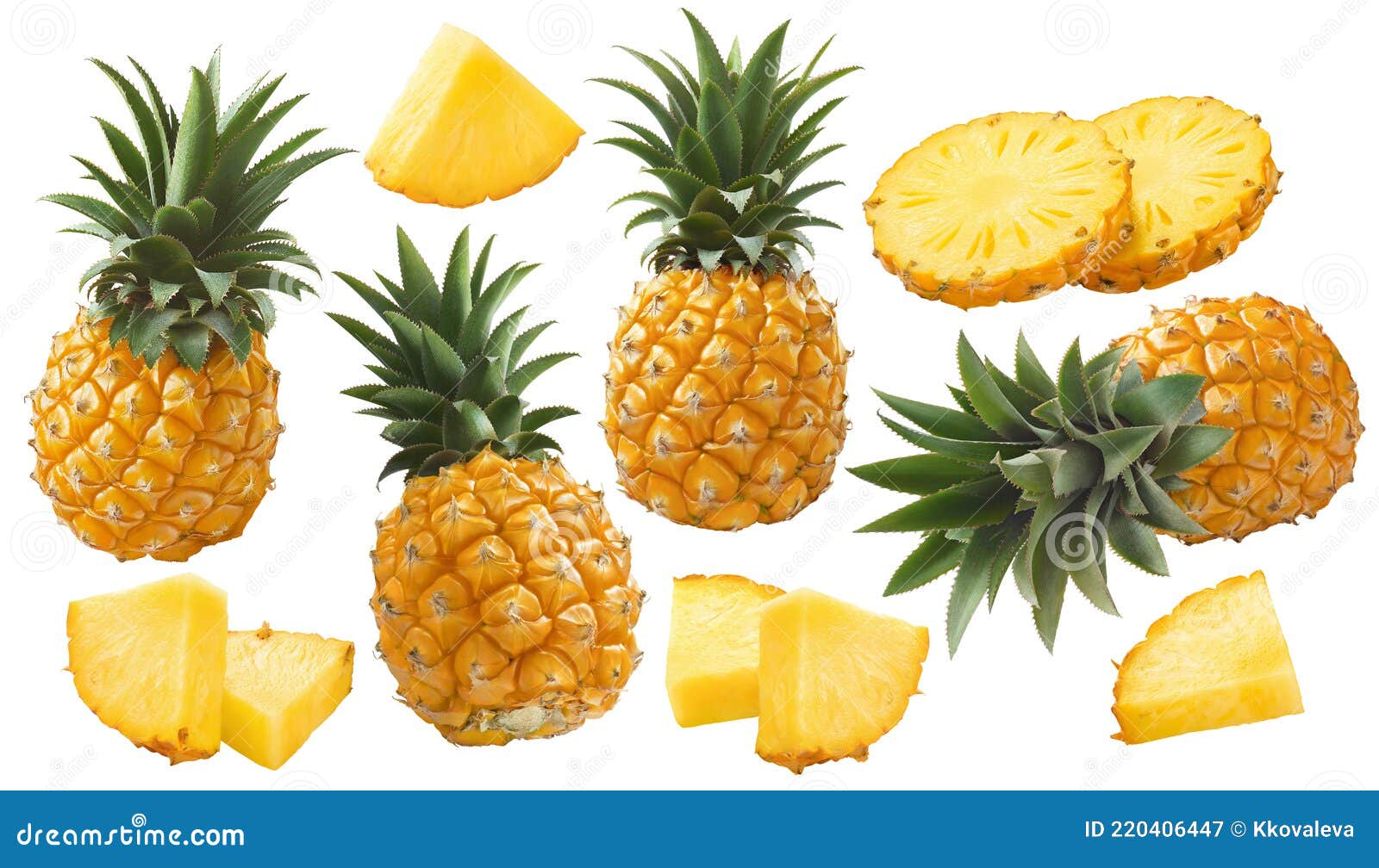 Pineapple Set Isolated on White Background. Whole Fruit, Round and ...