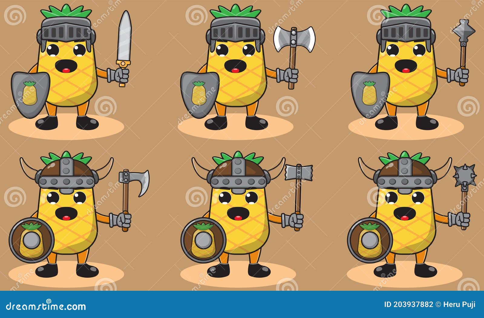 Cute Cartoon of Pineapple Knight Set with Shield Hand Up. Stock Vector ...