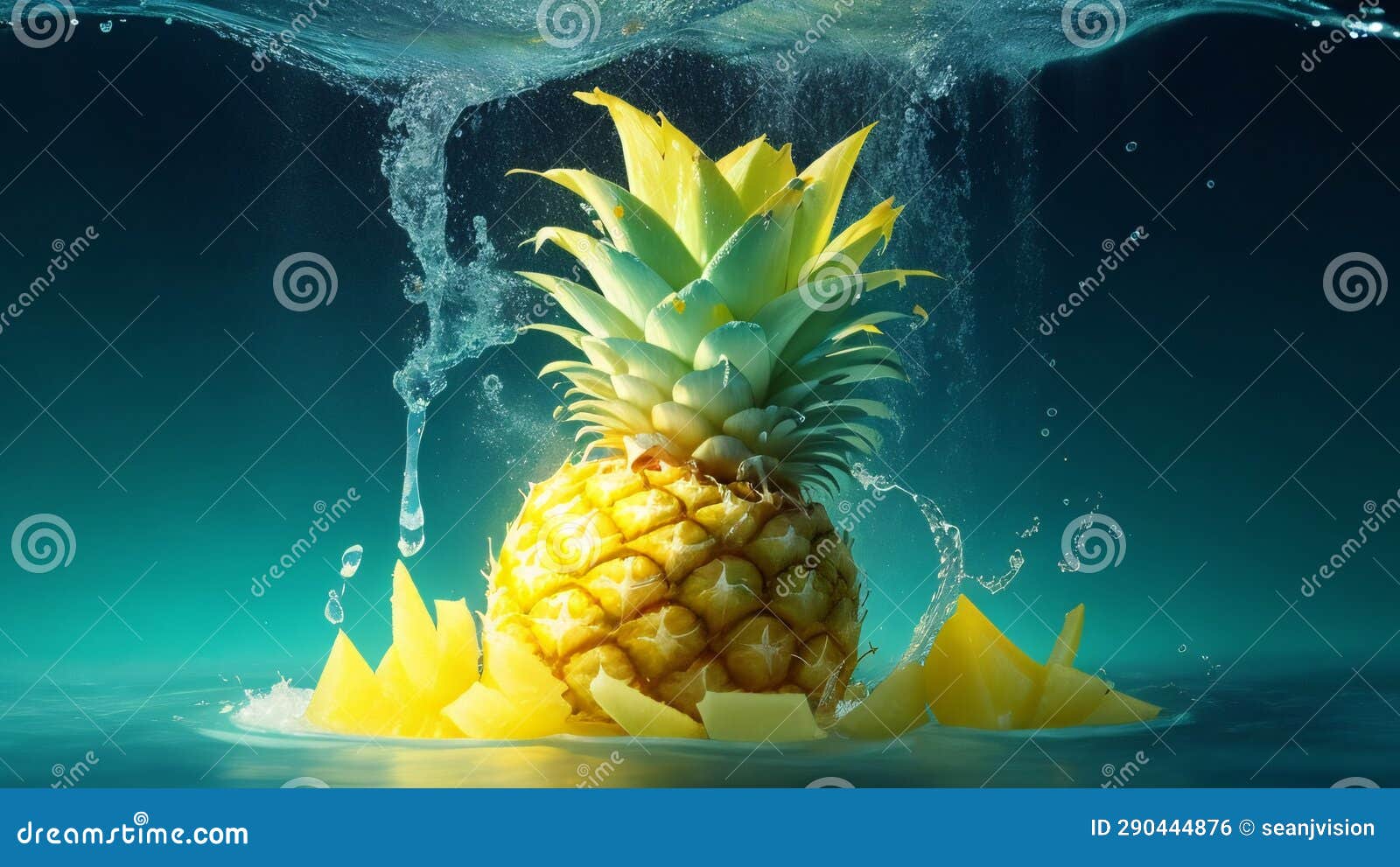 Pineapple with Slices Fall into Dark Green Water with Ripple Stock ...