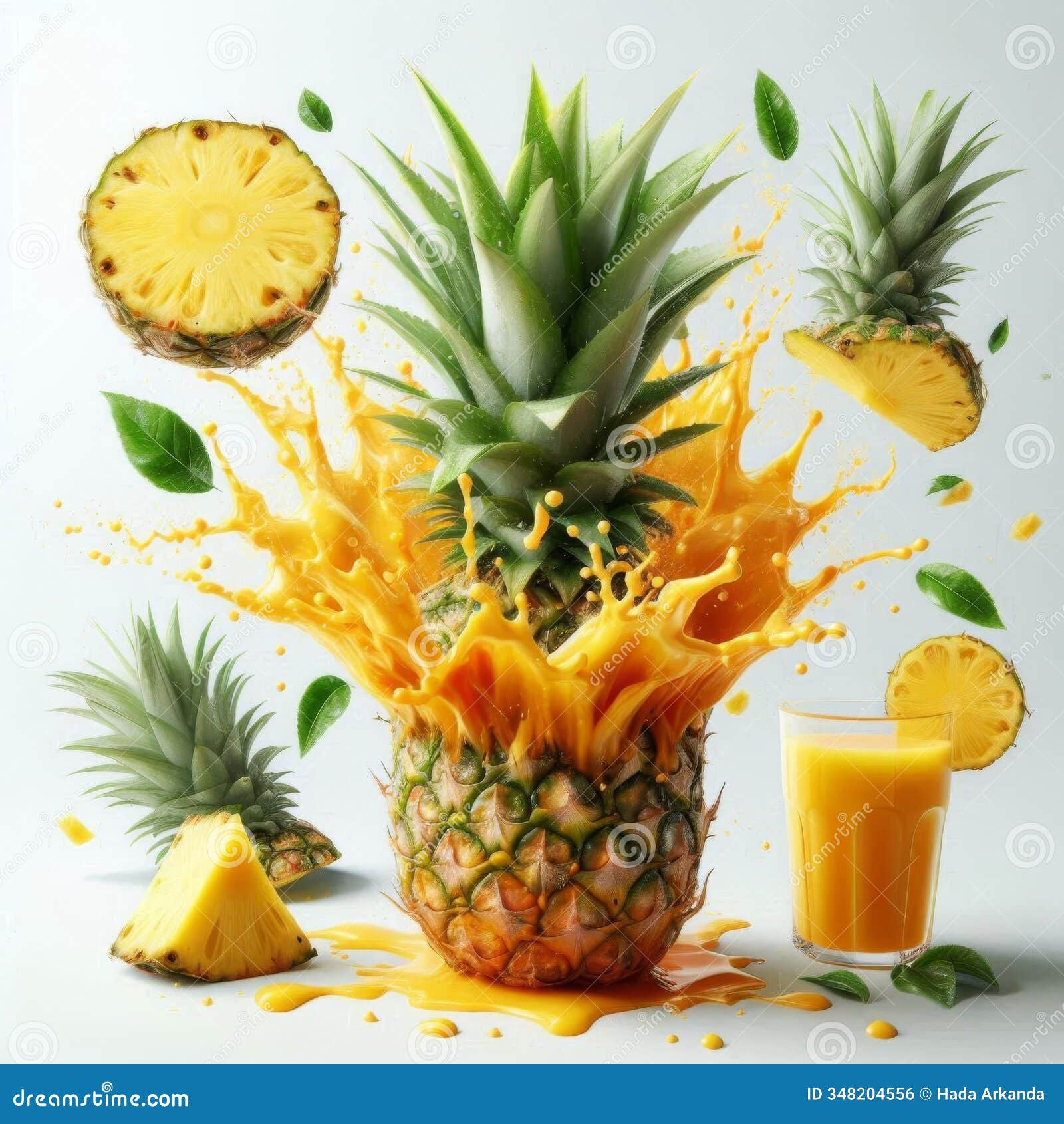 Pineapple Slices and Juice Explosion on White Background Ok Stock ...