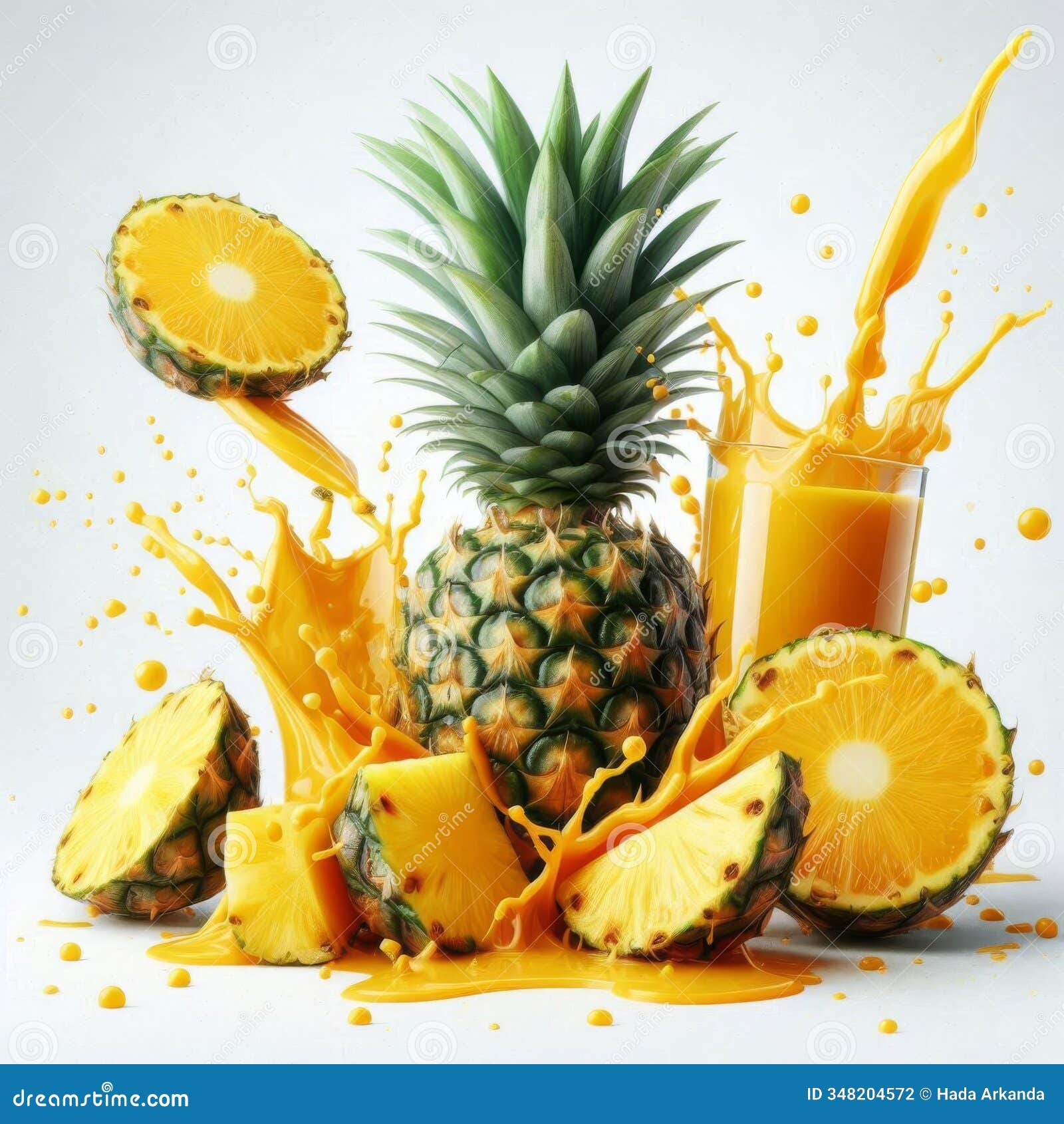 Pineapple Slices and Juice Explosion on White Background Ok Stock ...