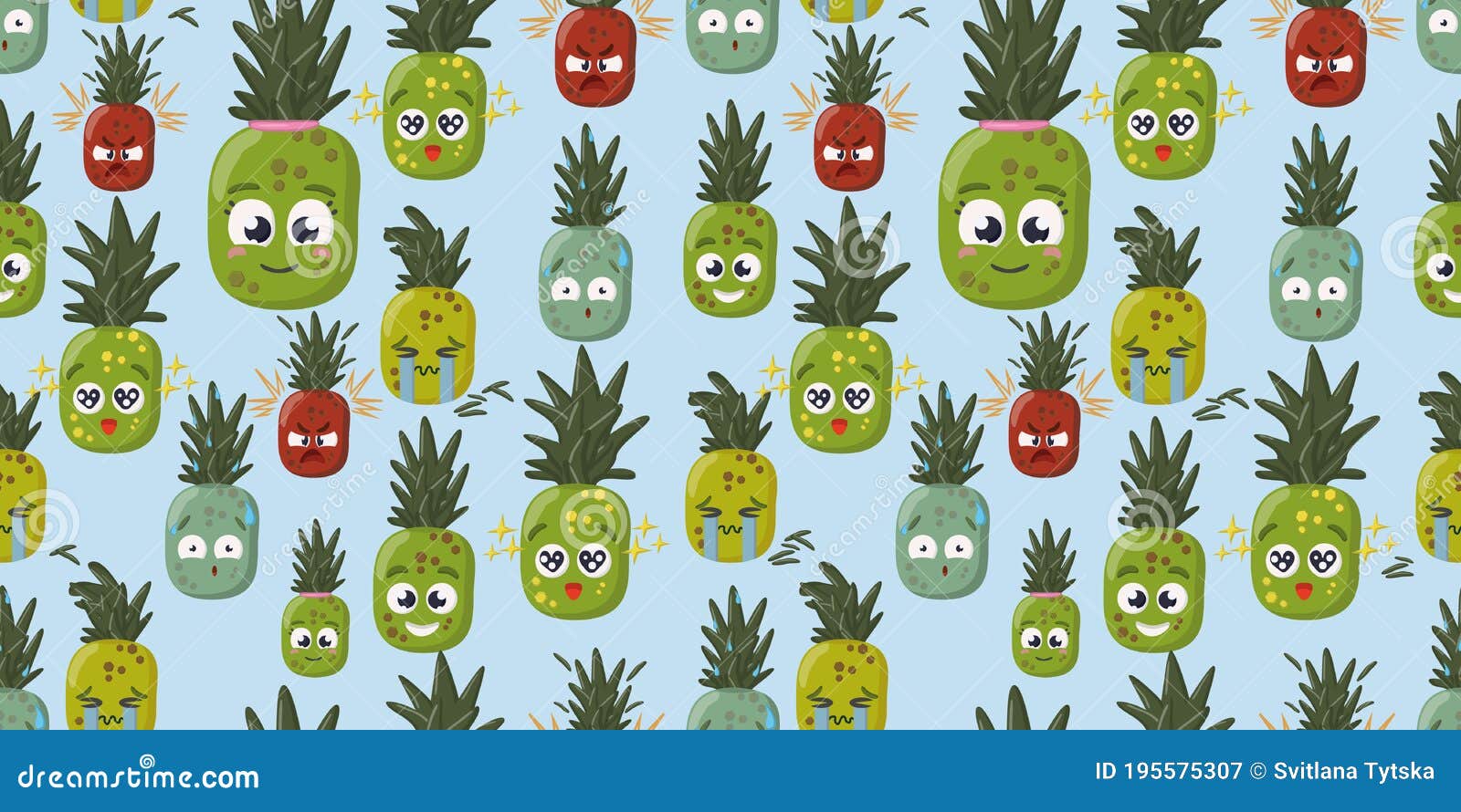 Pineapple Smiling Happy and Sad Cry Open Minded Cartoon Character Repeat Seamless Pattern on ...