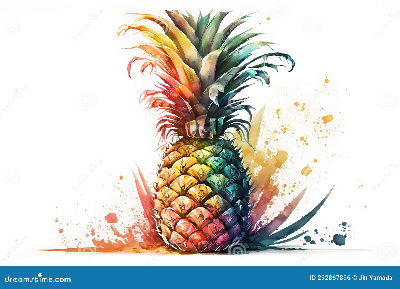 Pineapple with Watercolor Splash. Hand Drawn Vector Illustration Stock ...