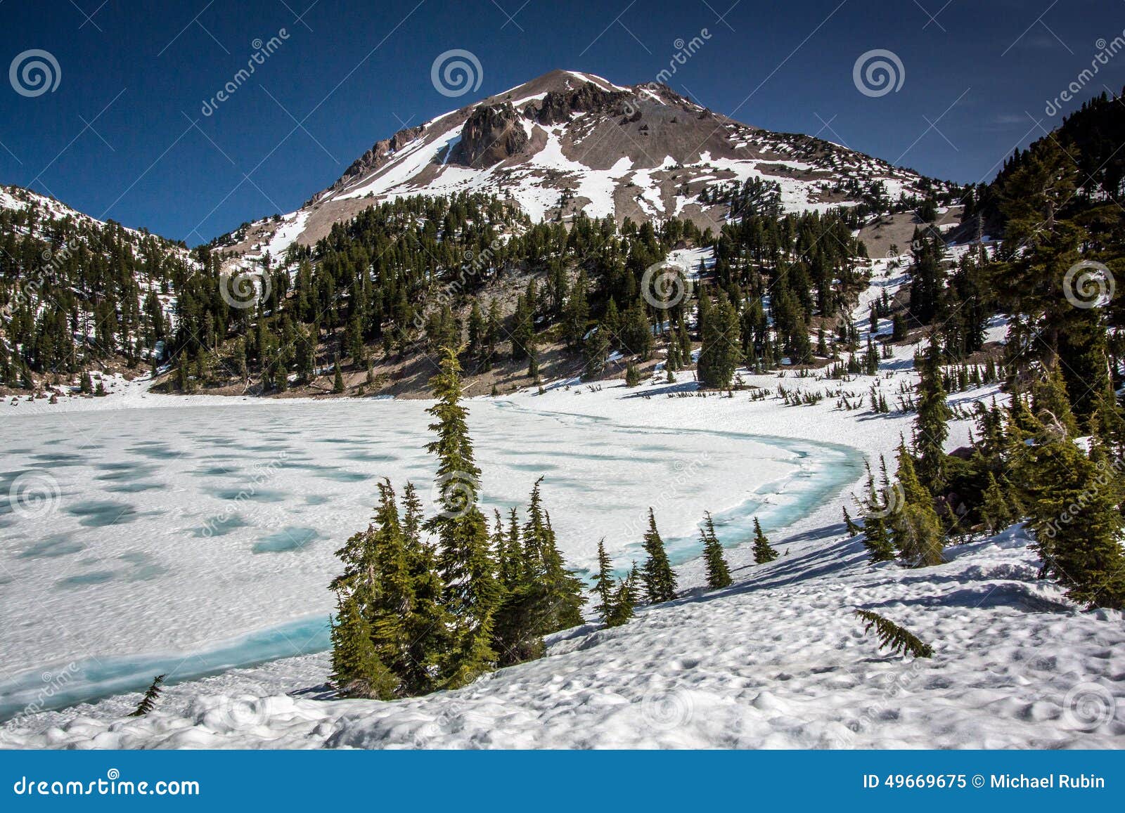 Pines Along Shore Of Lake Helen Lassen National Park` Stock Image