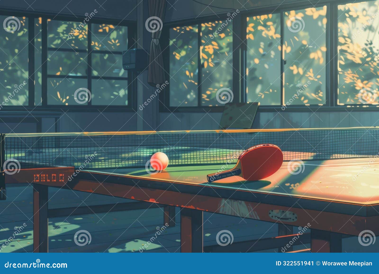 A Ping Pong Table with a Ball and a Paddle on it Stock Image - Image of ...