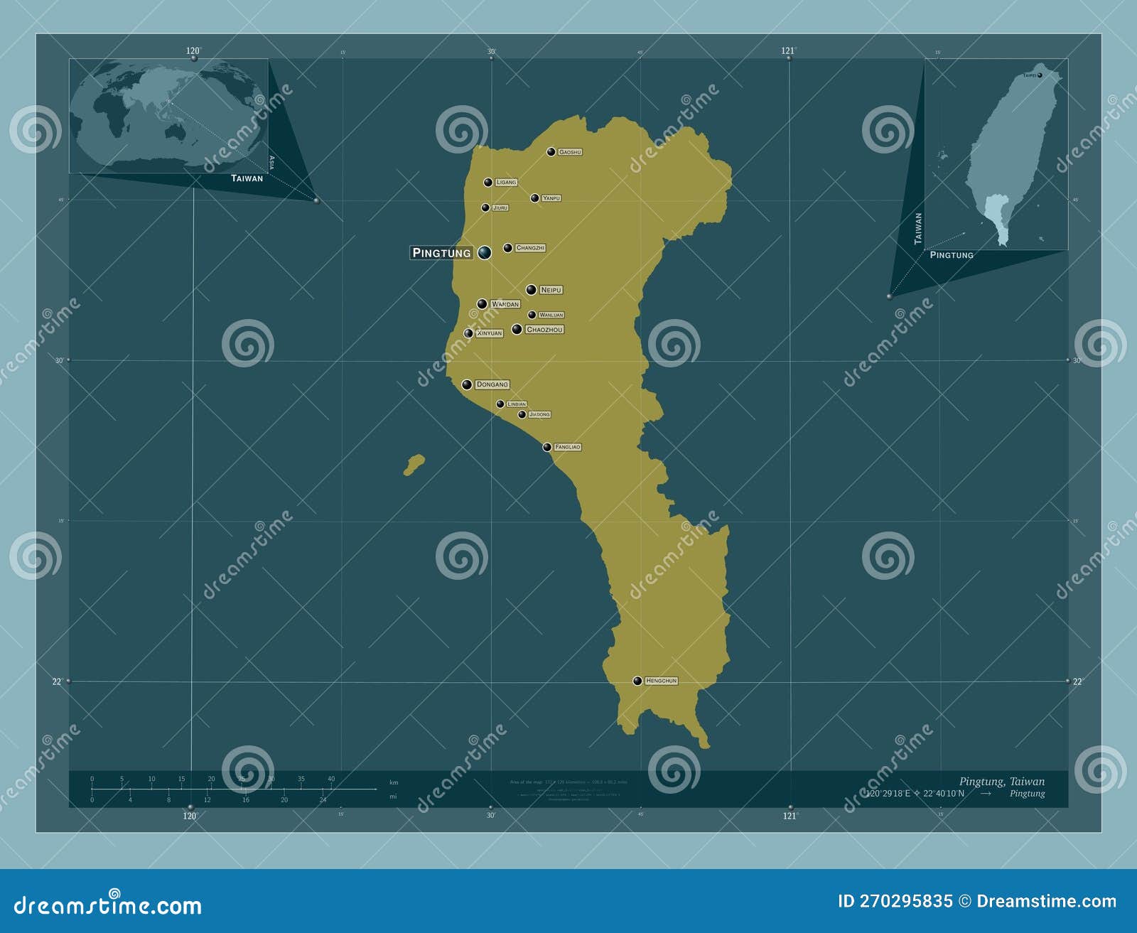Pingtung, Taiwan. Solid. Labelled Points of Cities Stock Illustration ...