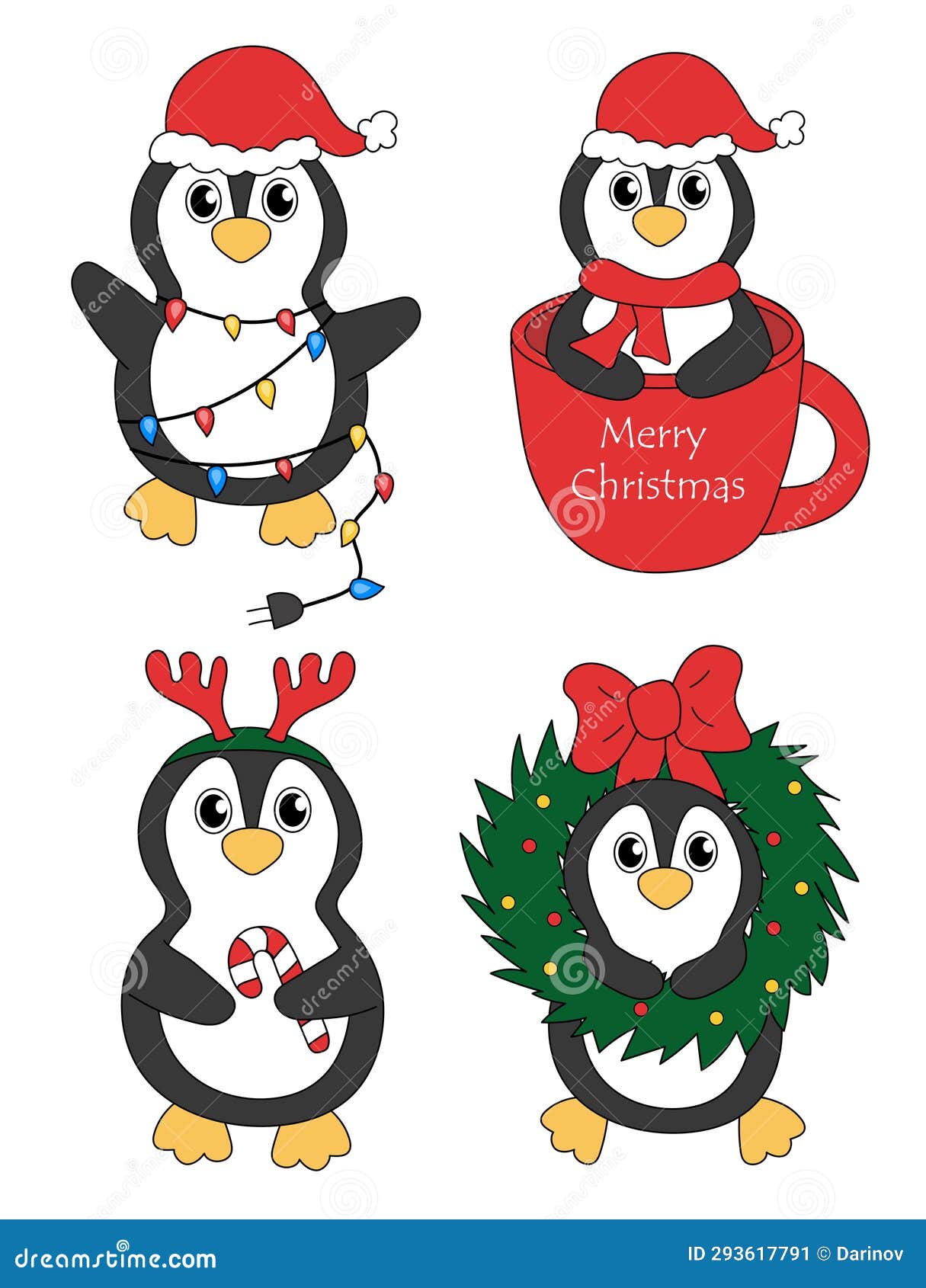 Set of Cartoon Christmas and New Year Penguin Characters. Cute Penguins ...