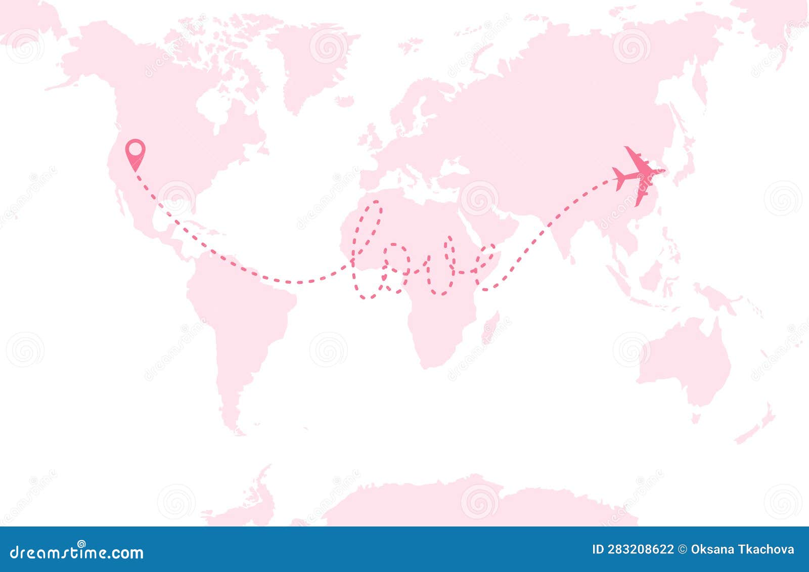 A Pink Airplane Flying Over a Pink World Map. Dashed Route Line in the ...