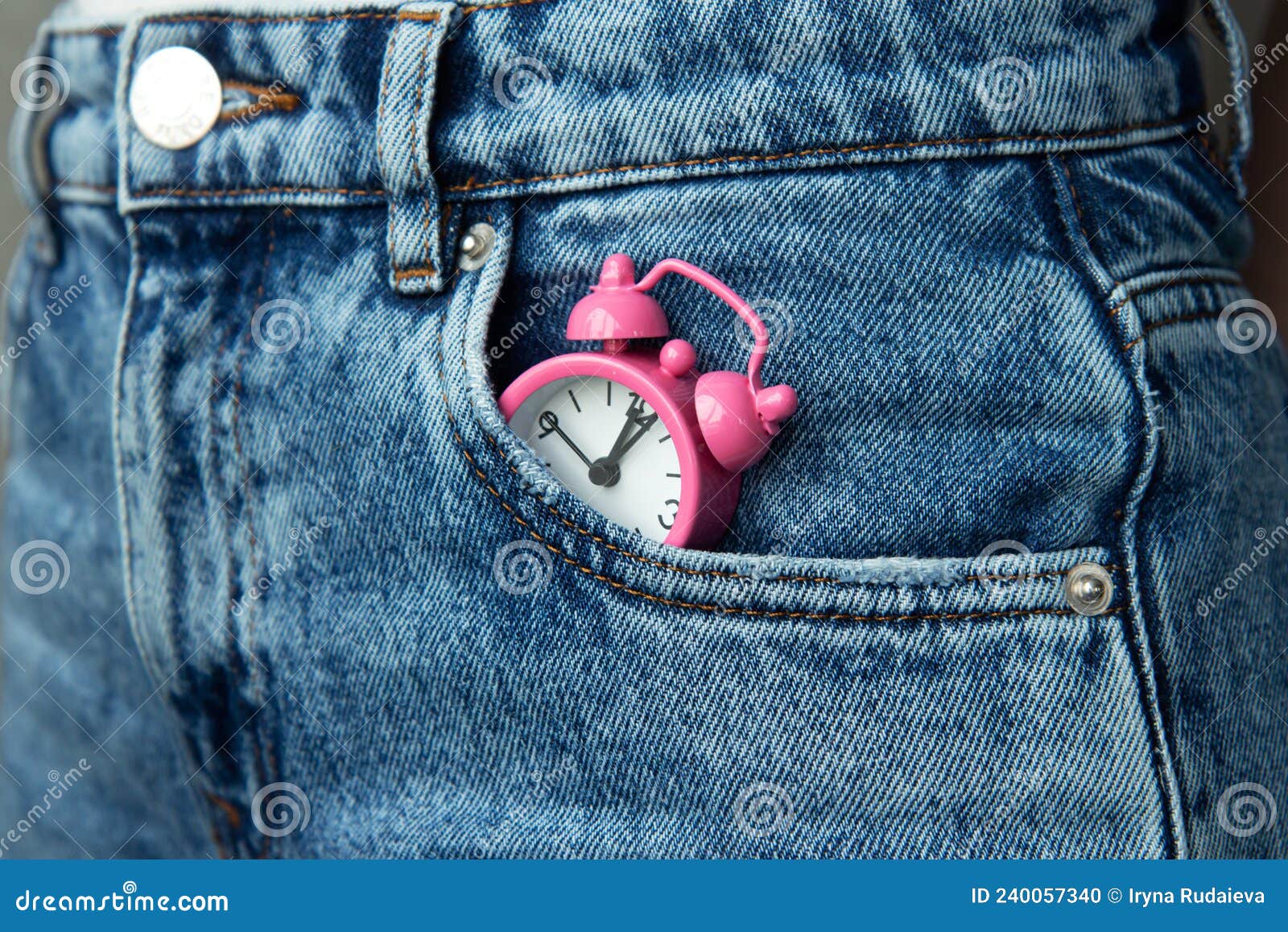 Pink Alarm Clock in Jeans Pocket. Time is in Our Hands Stock Photo ...
