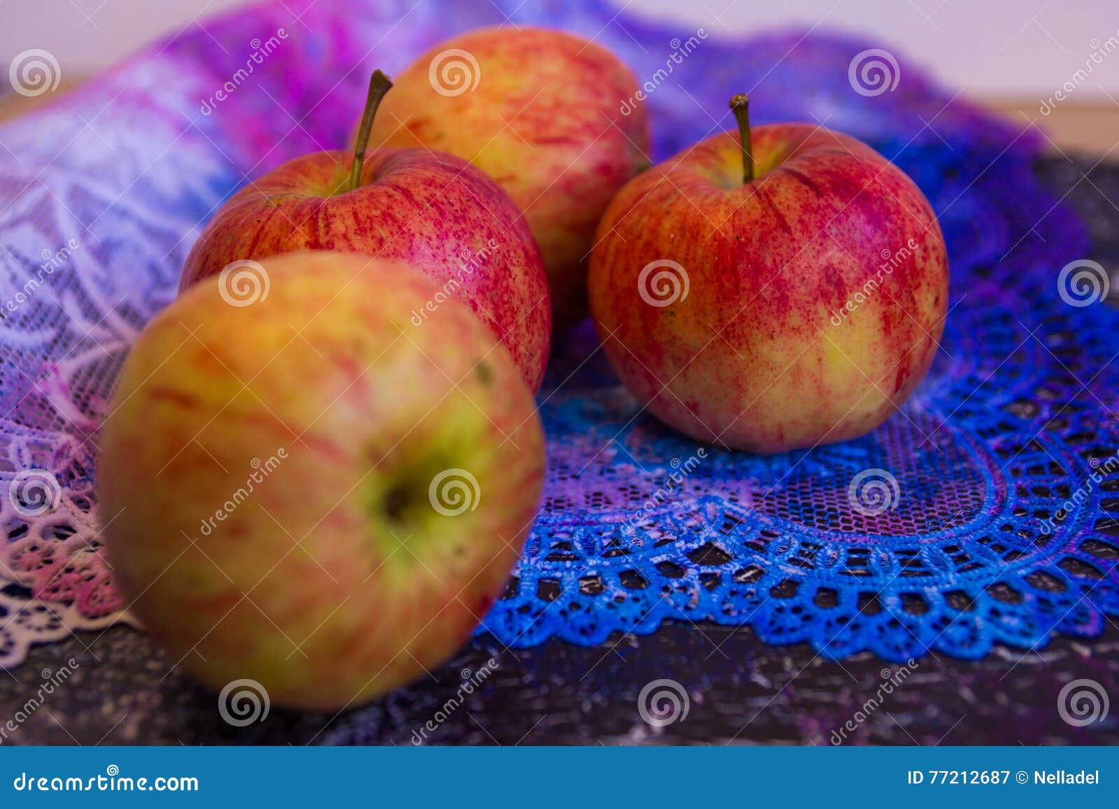 Pink apples stock image. Image of snack, tablecloth, food - 77212687