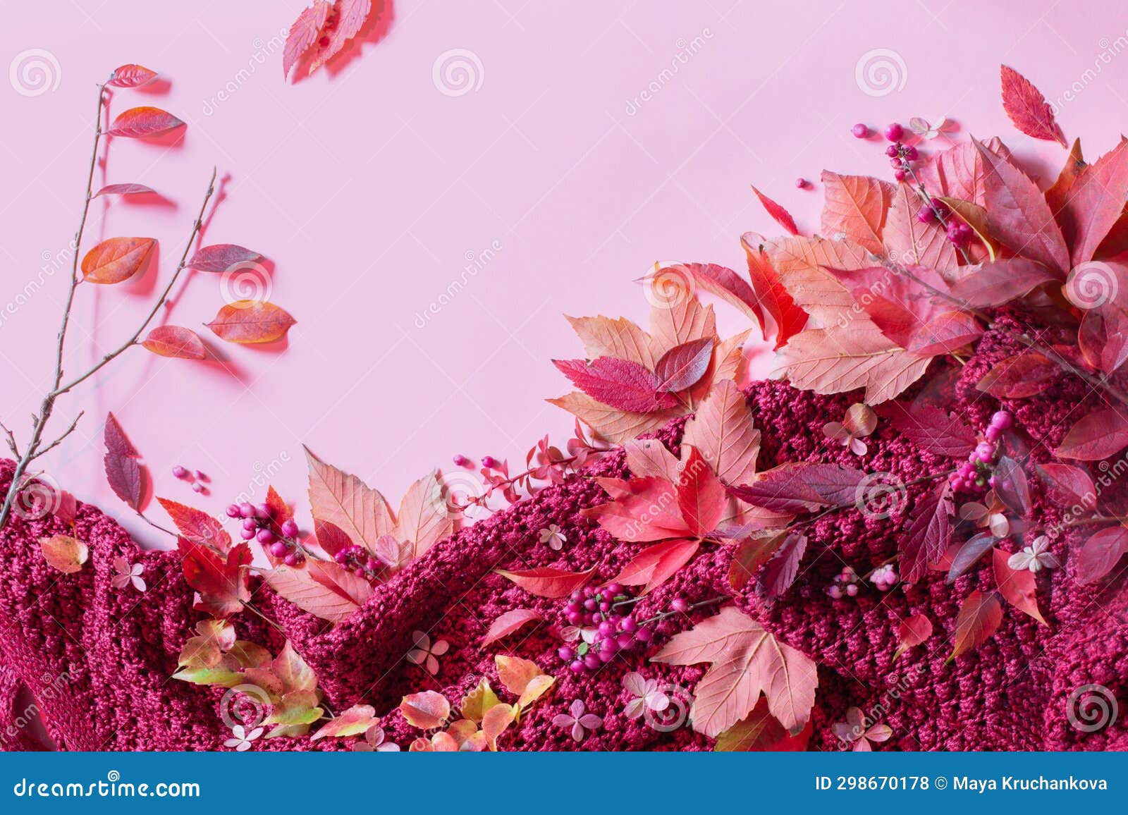 Pink Autumn Background with Leaves and Knitting Stock Photo - Image of ...