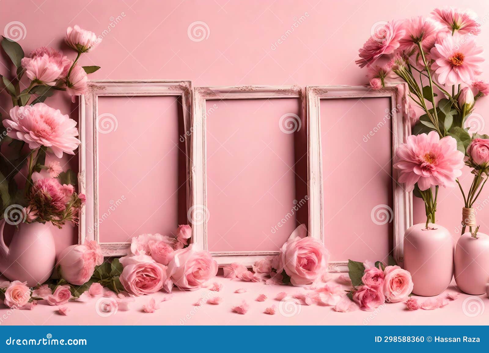 Pink Backdrop with Two Frames and a Lovely Bunch of Flowers Stock ...