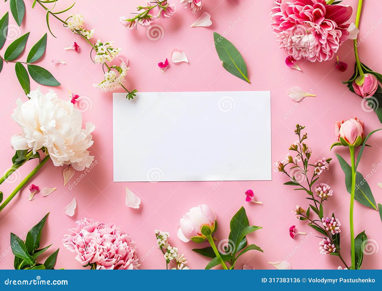 A Pink Background with Flowers and a Blank Card Stock Photo - Image of ...