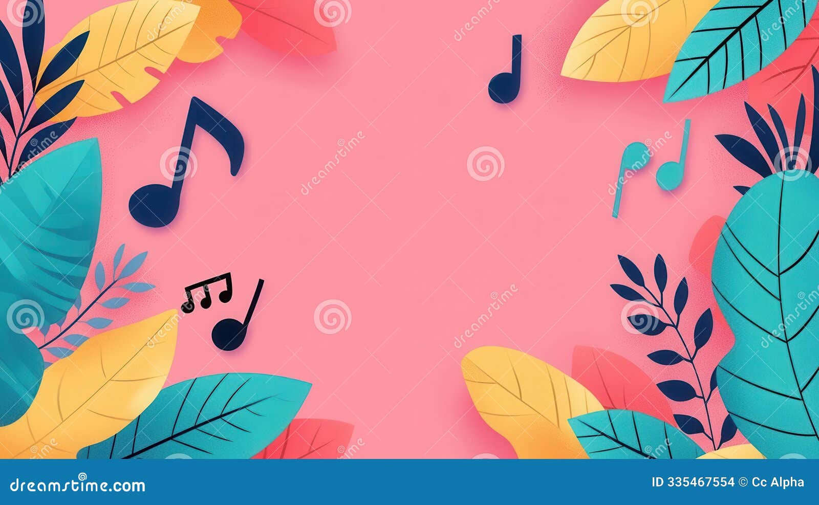 Pink Background with Leaves and Music Notes for Design Stock ...