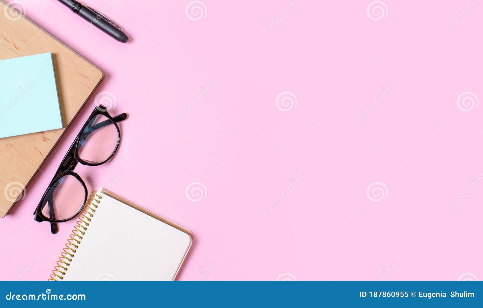Pink Background with Notepad, Office Glasses, Pen, Place for Text ...