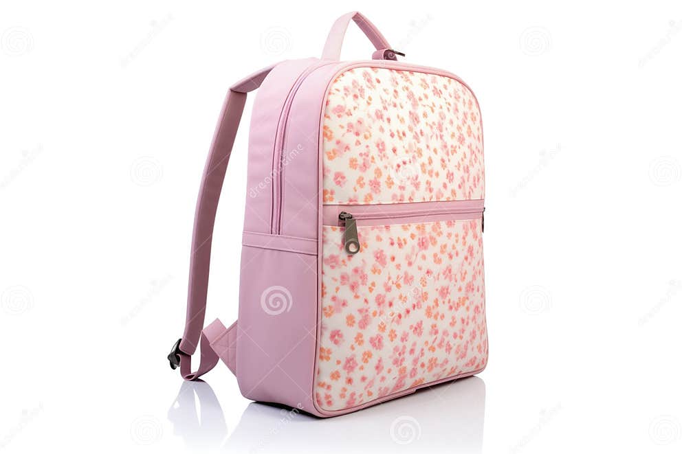Pink Backpack with Floral Patterns, Angled View, Pure White Background ...