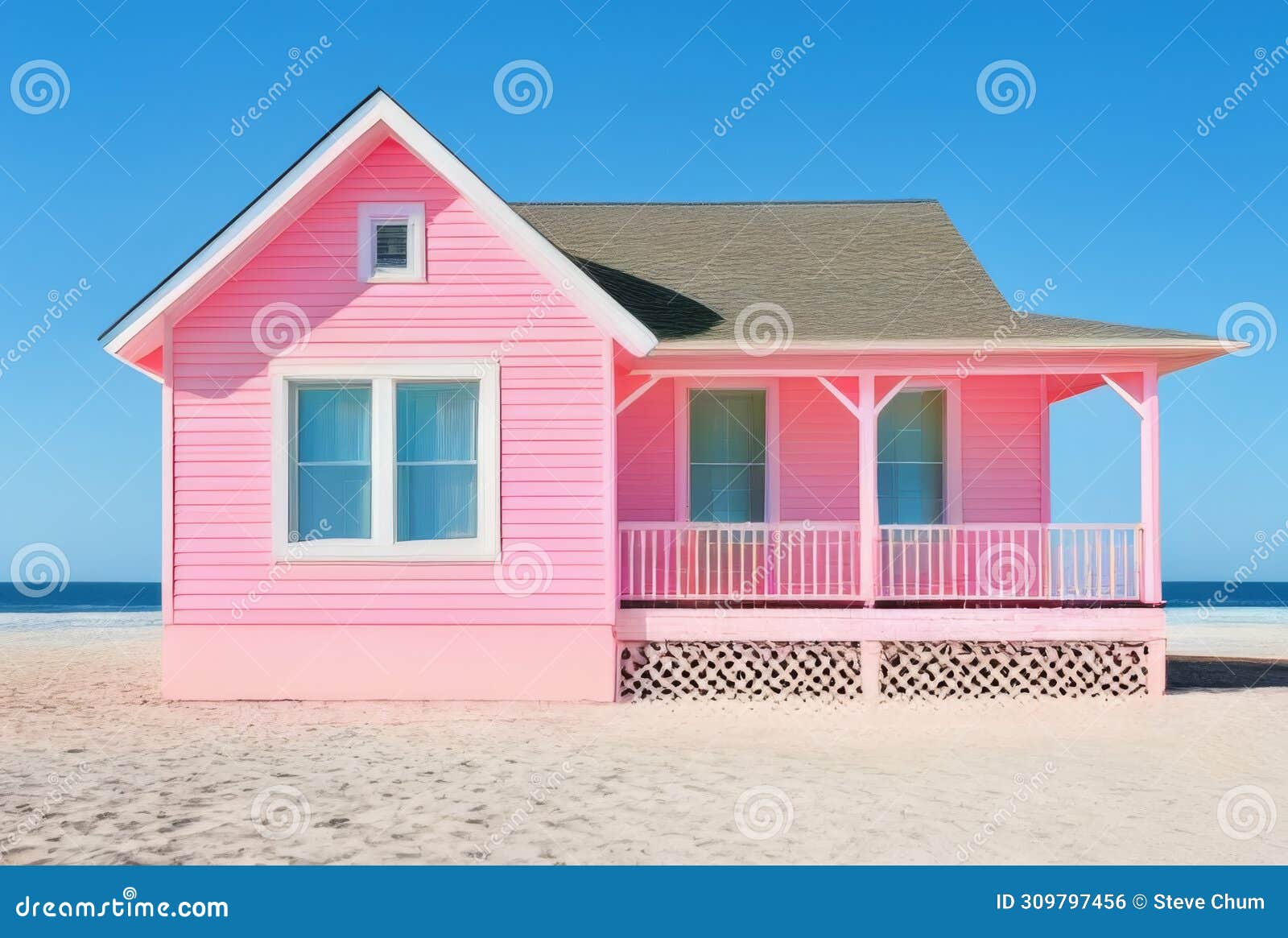 Pink Beach House on the Beach with Blue Sky Background. 3d Rendering ...