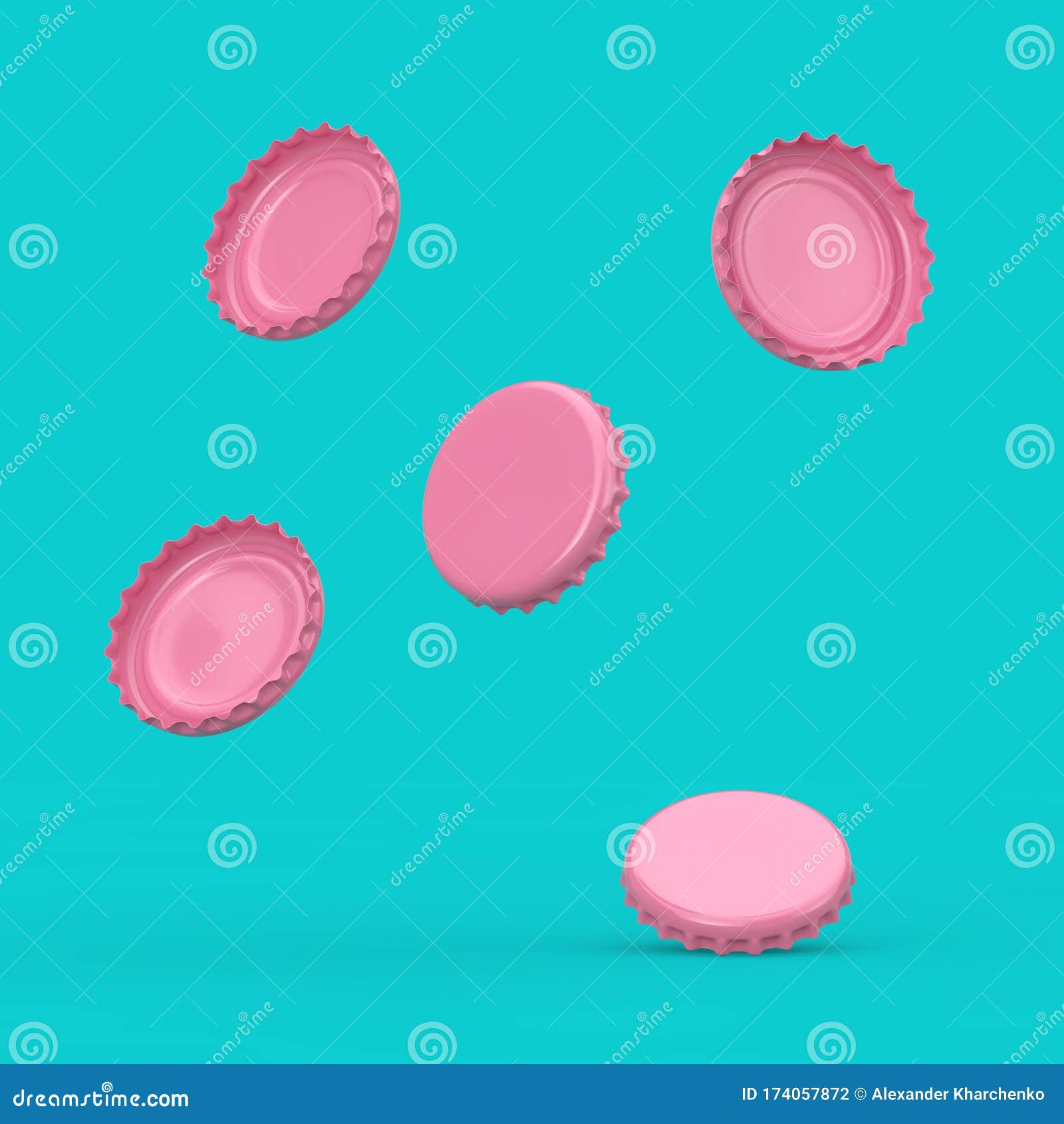 Pink Beer Bottle Caps in Duotone Style Fall Down. 3d Rendering Stock ...