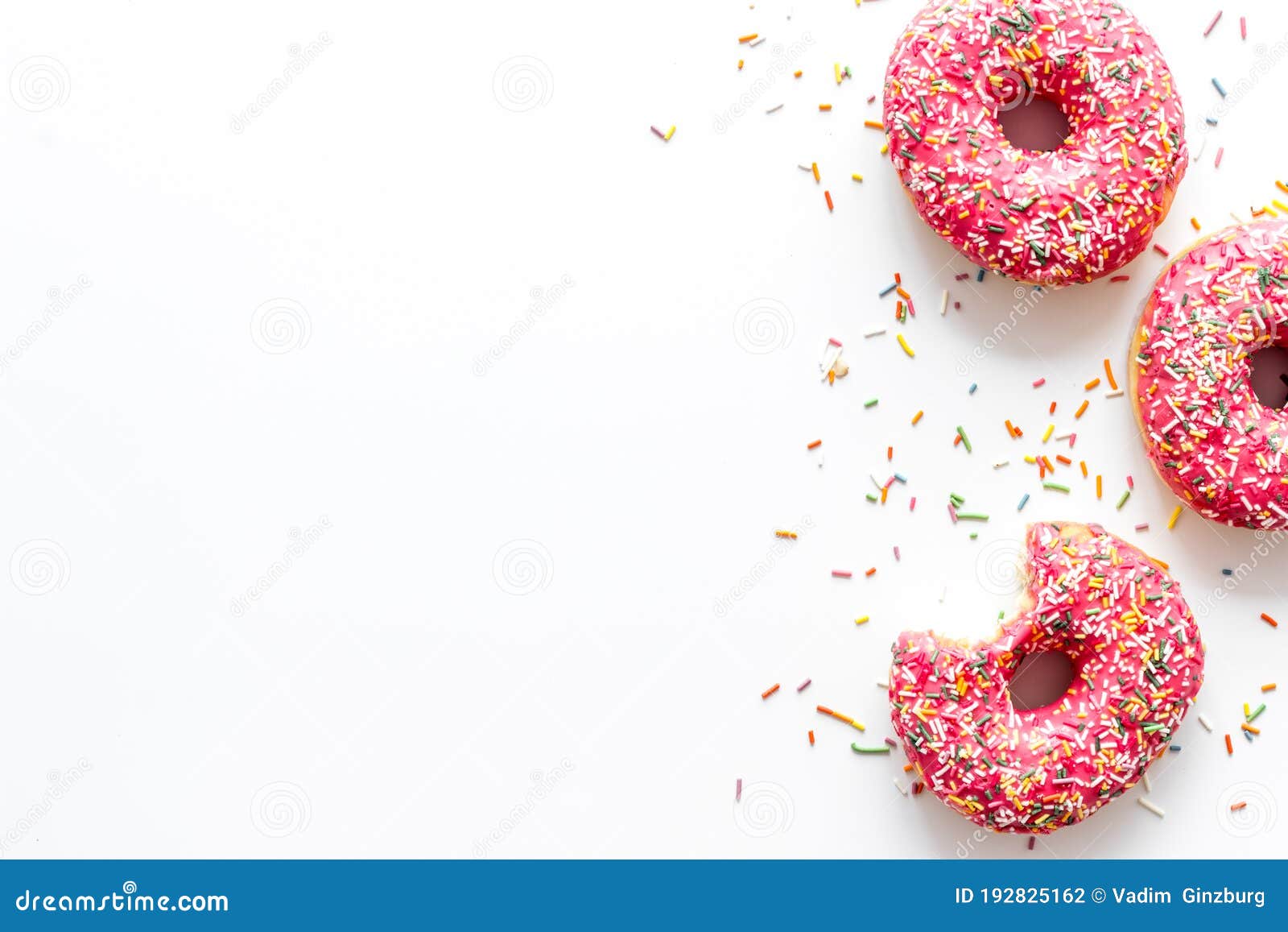 Pink Berry Donuts Flat Lay, Top View. Glazed and Sprinkles Doughnuts ...