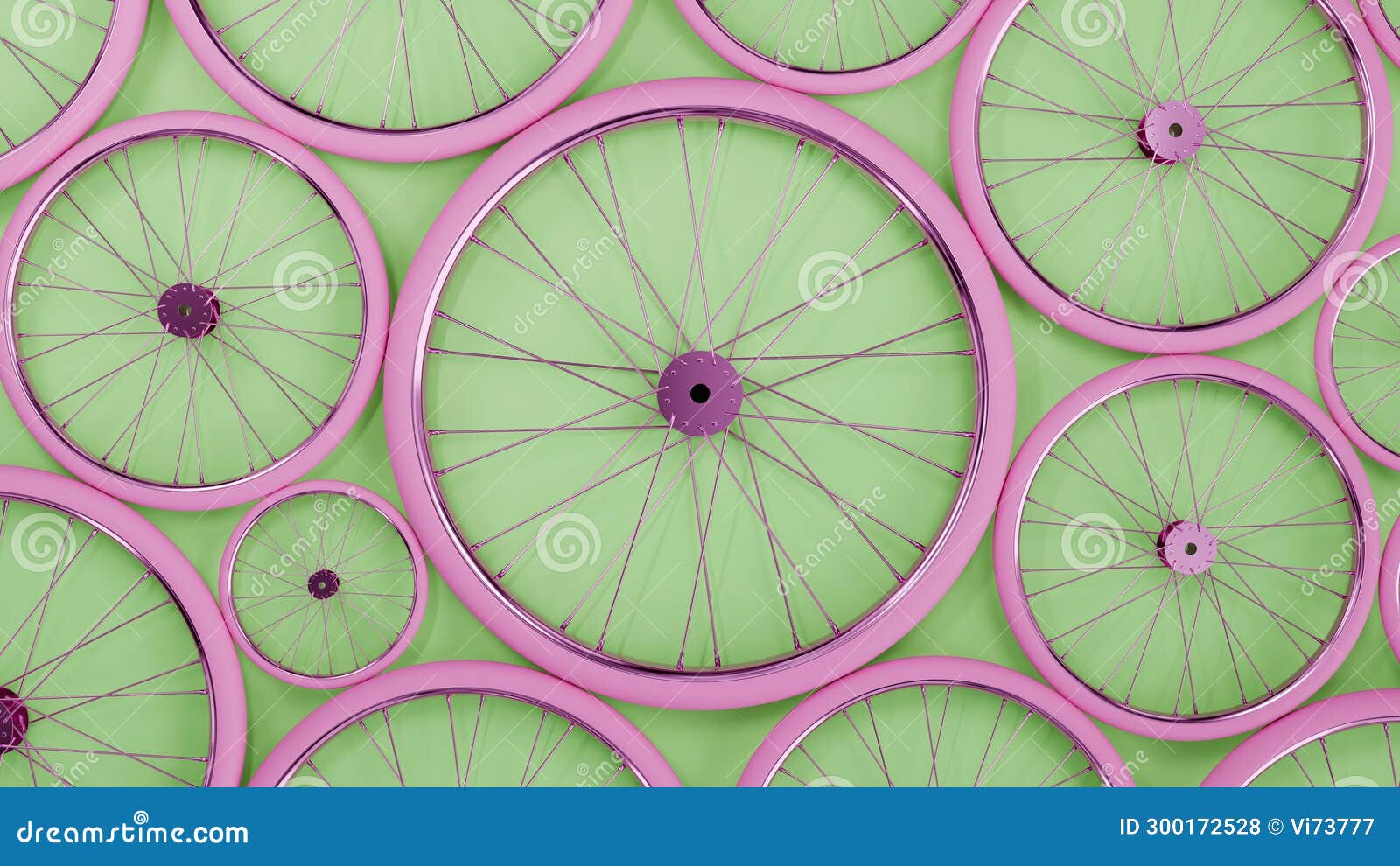 Pink Bicycle Wheels on Green Wall. Abstract Stylish Background. 3D ...