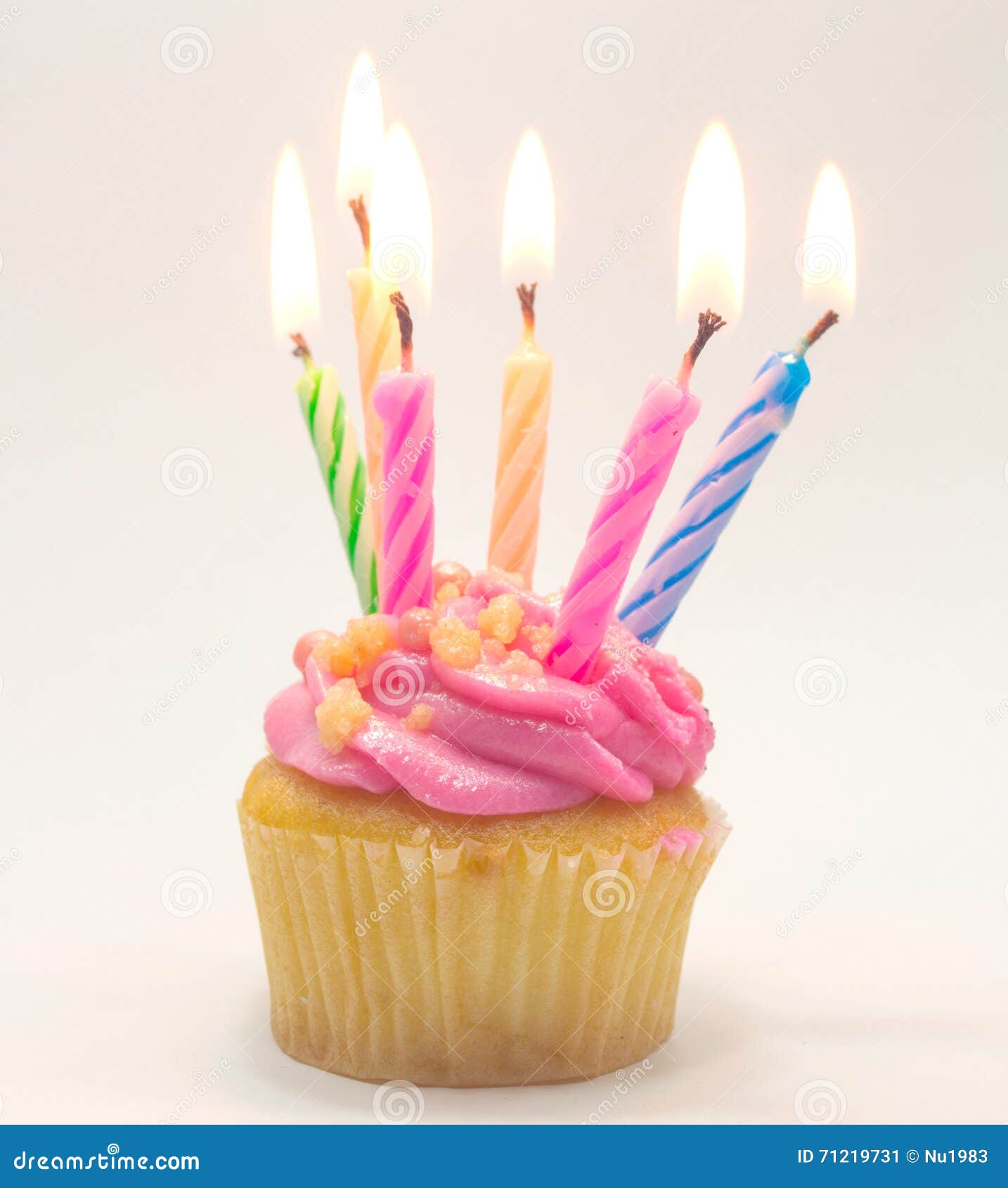 Pink Birthday Cupcake With Candle Lighting Stock Image - Image of food ...
