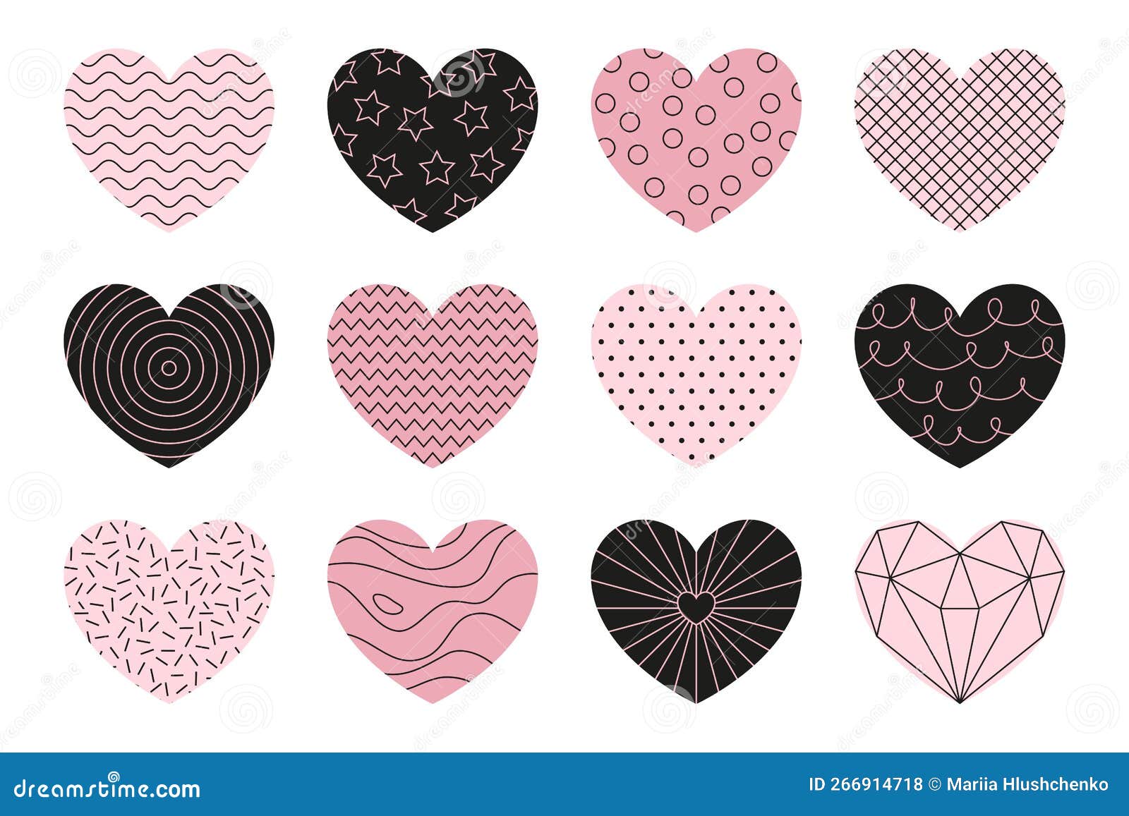 Pink and Black Heart Shapes Set with Different Patterns Stock Vector ...