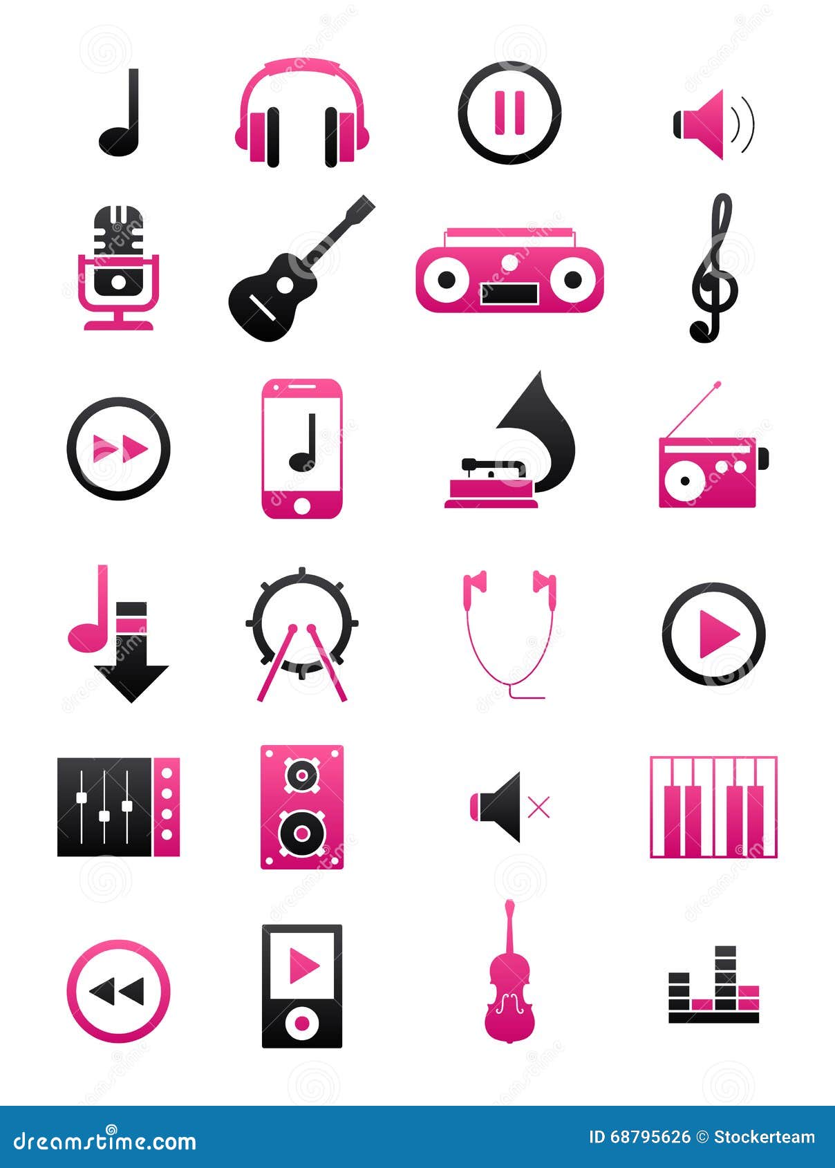 Pink-black music icons set stock vector. Illustration of play - 68795626