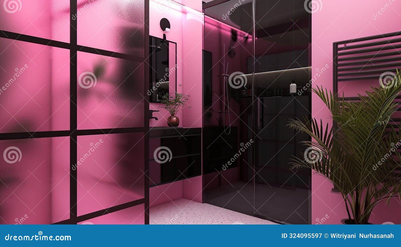 Pink and Black Shower Room Interior Design, Using a Glass Cabin ...