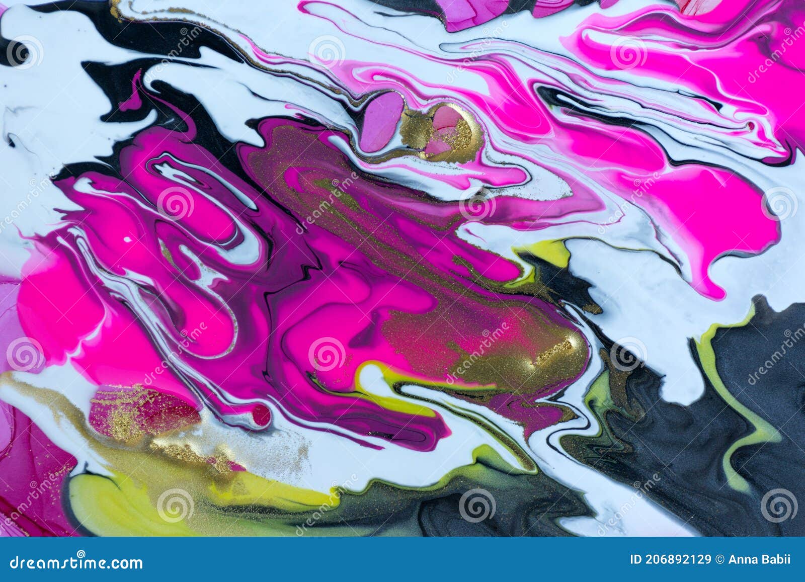 Pink, Black and White Mixed Inks Spilled on White Background. Golden ...
