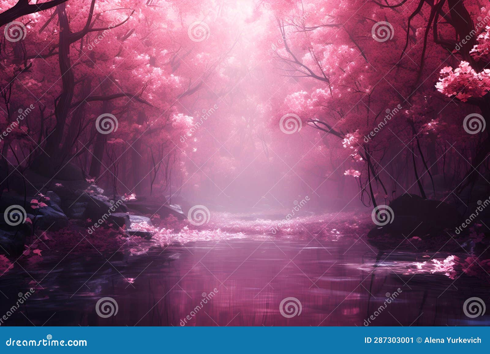 Pink Blossoms Sakura, Landscape of River Flowing through Forest or Park ...