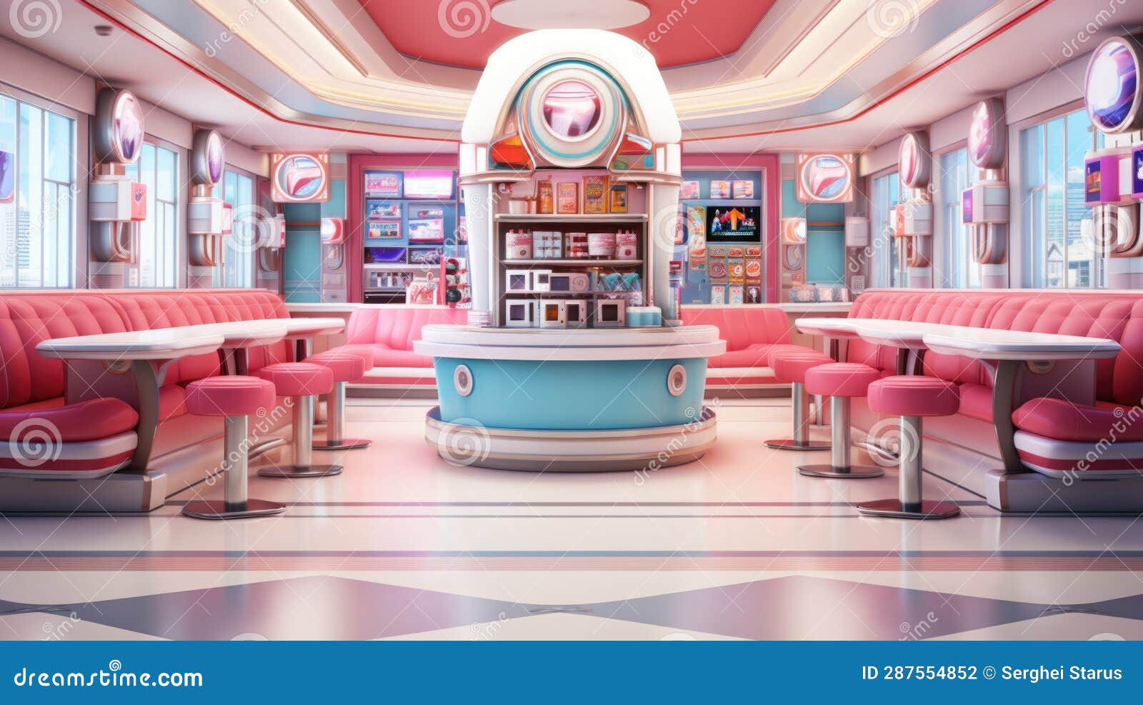 A Pink and Blue Diner with a Counter and Tables. AI Stock Illustration ...