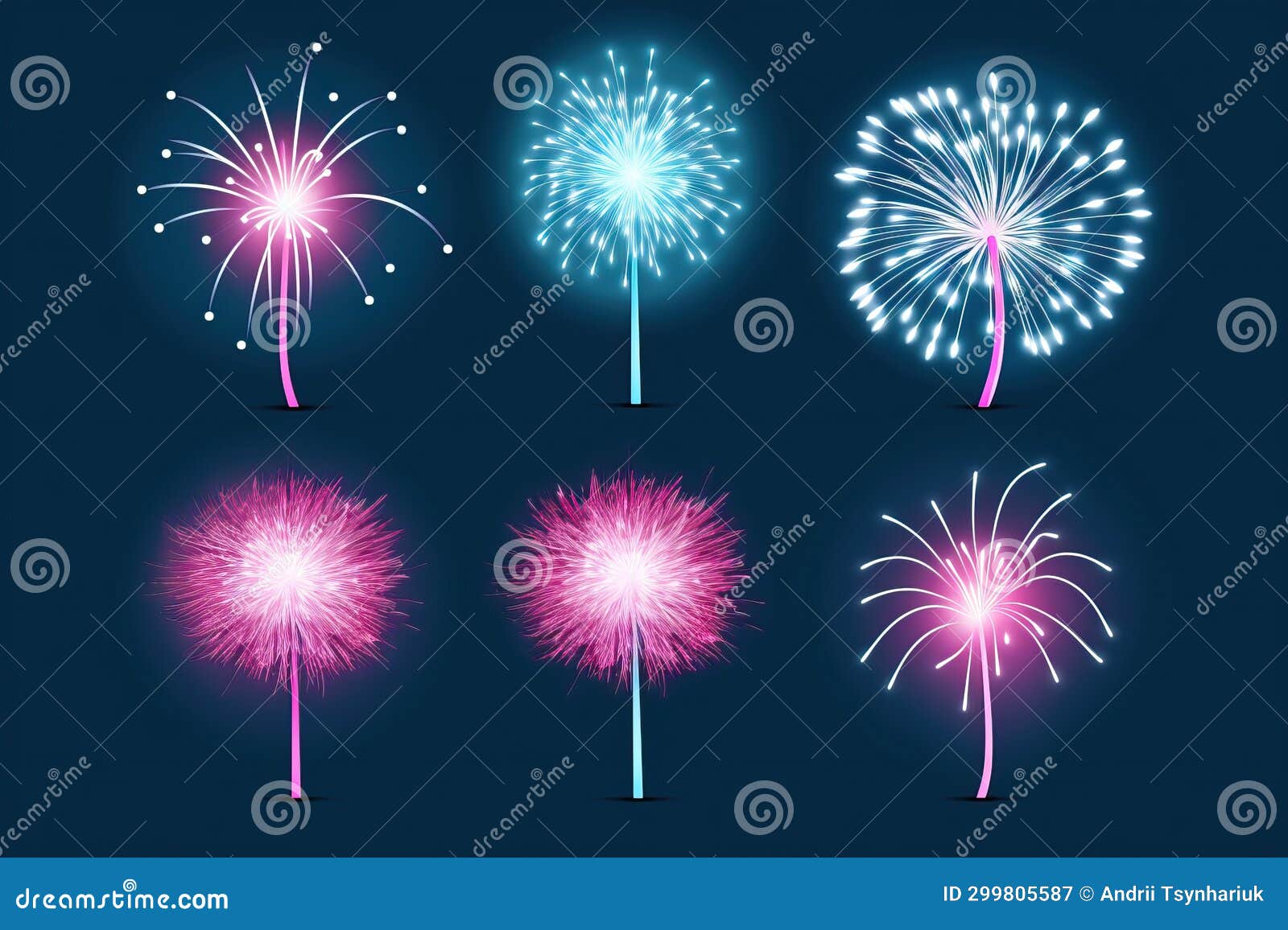 Pink and Blue Fireworks, Set of Different Types of Firework Explosions ...