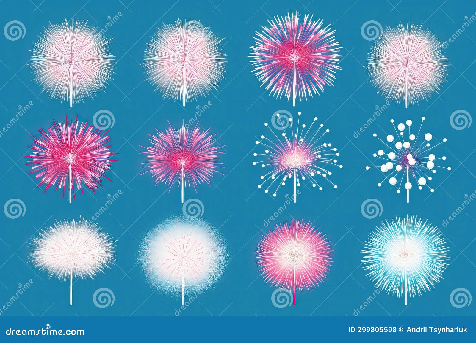 Pink and Blue Fireworks, Set of Different Types of Firework Explosions ...