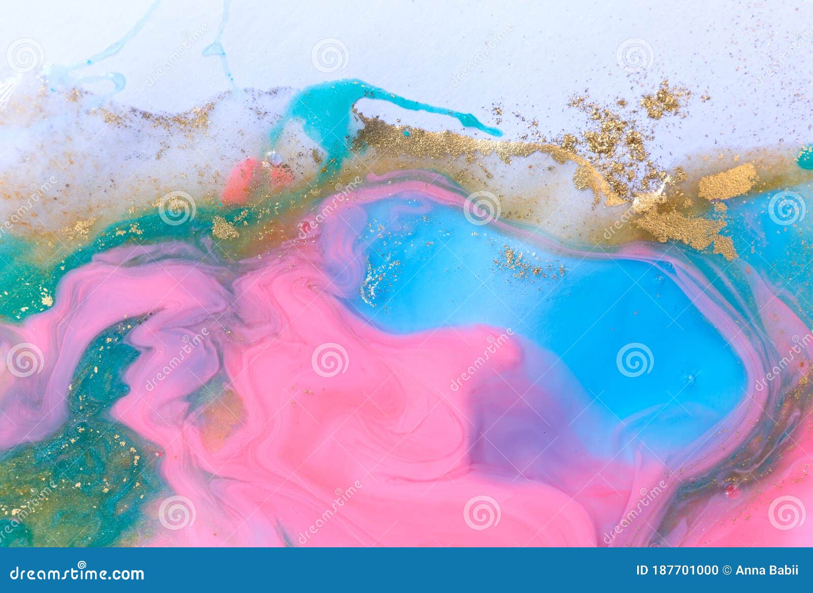 Pink, Blue and Gold Mixed Inks on White Paper Background. Stock Photo ...