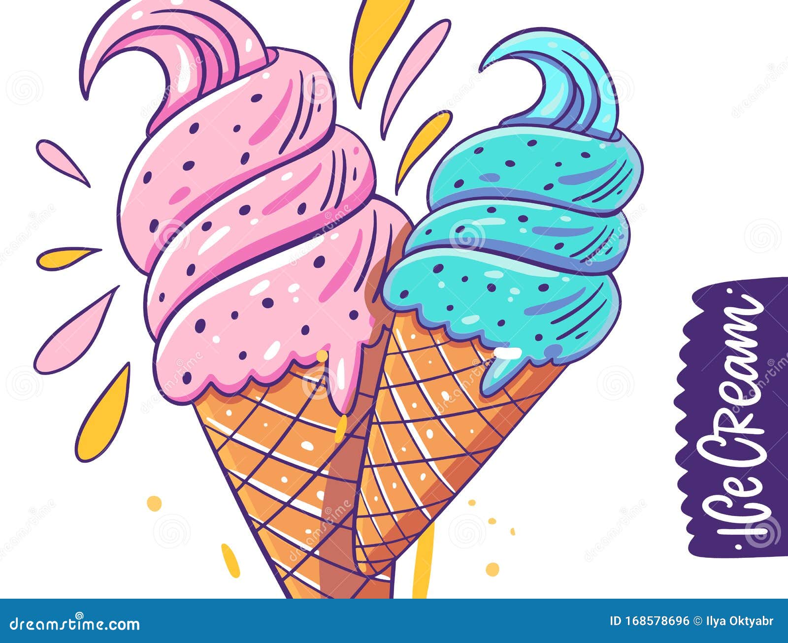 Pink And Blue Ice Cream In Waffle Cone Hand Drawn Vector Illustration
