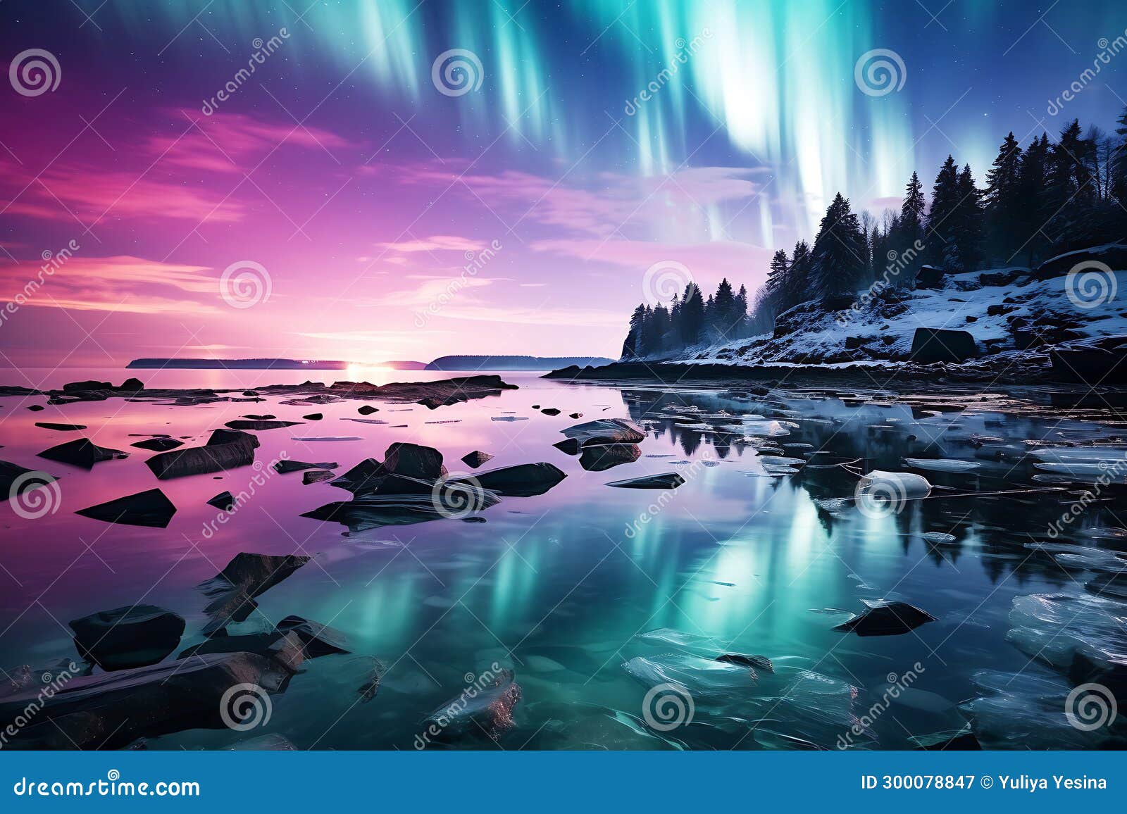 Pink-blue Northern Lights Over Forest and River Stock Image - Image of ...